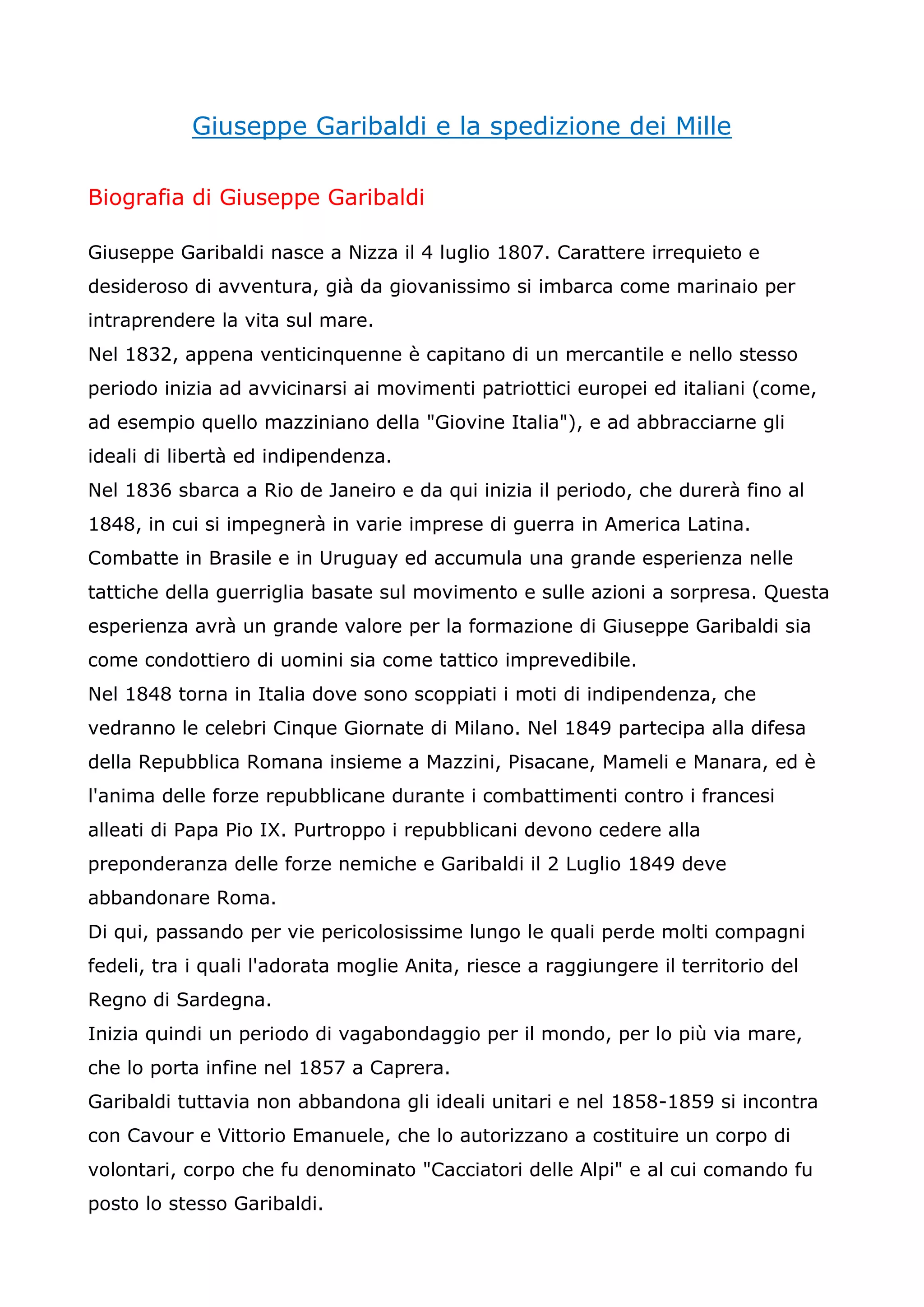 Giuseppe Garibaldi e la Spedizione dei Mille | DOCX