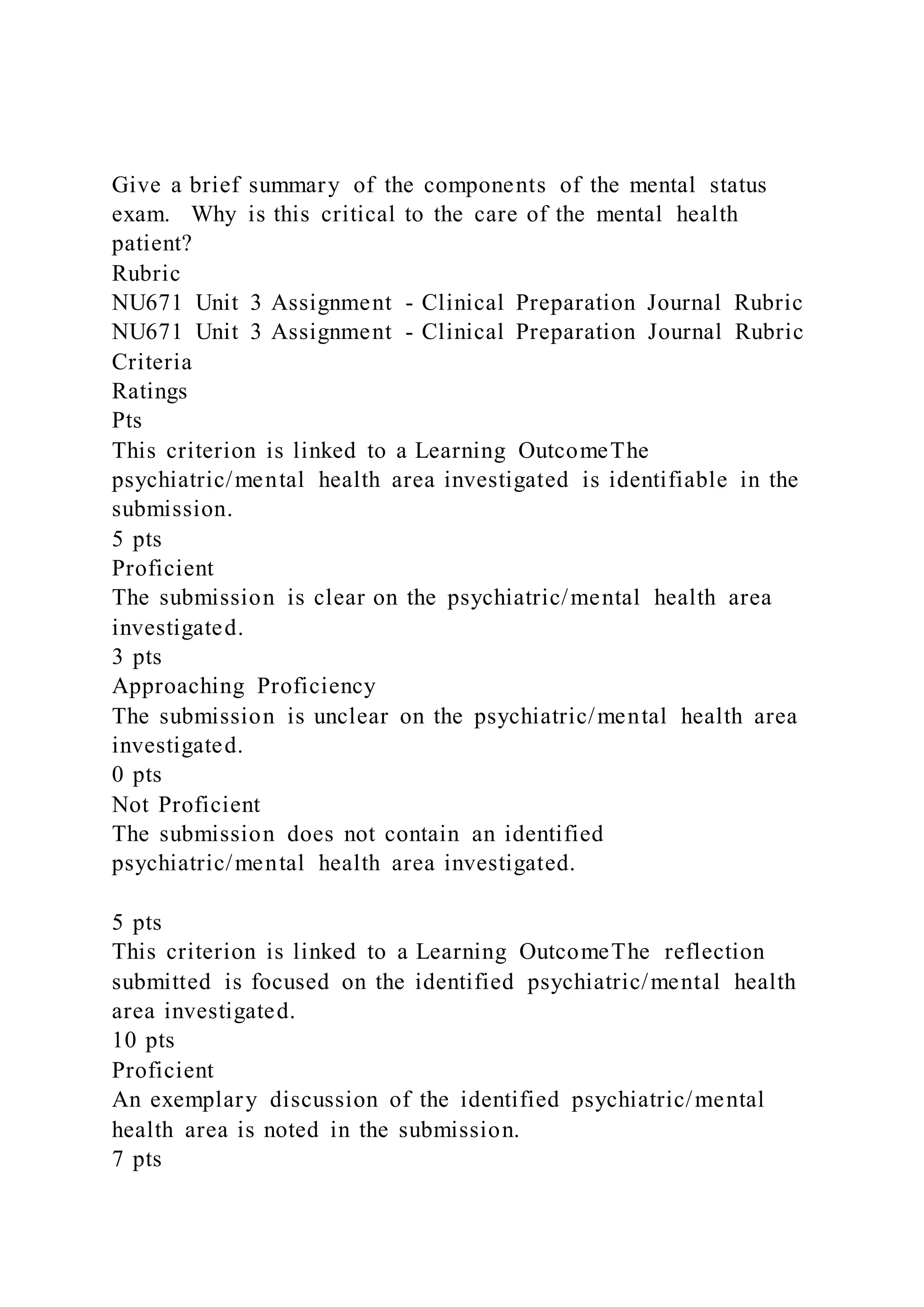 Give a brief summary of the components of the mental status exam. | DOCX