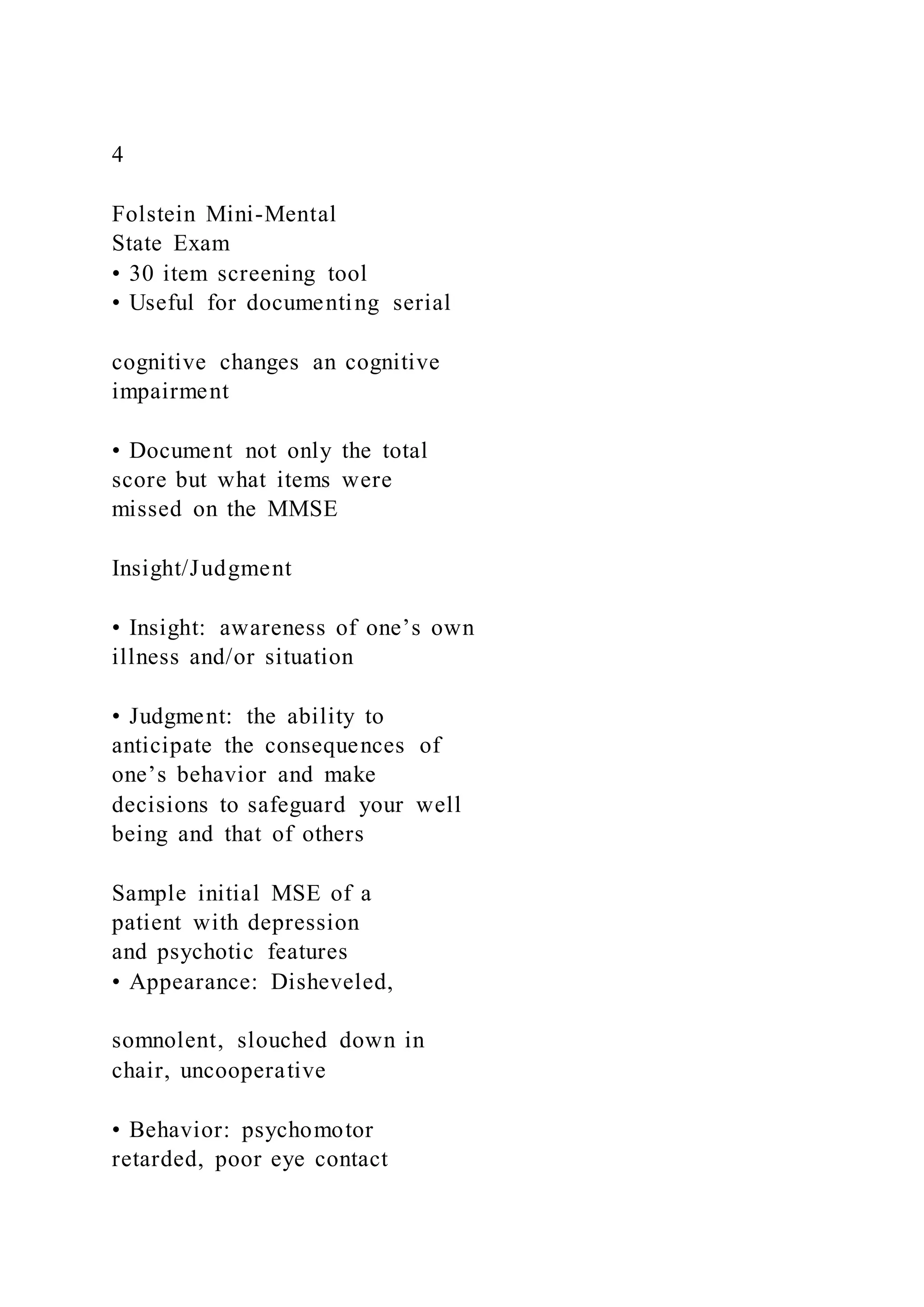 Give a brief summary of the components of the mental status exam. | DOCX