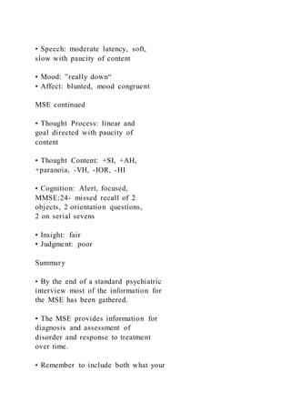 Give a brief summary of the components of the mental status exam. | DOCX