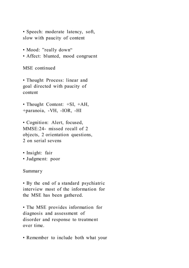 Give a brief summary of the components of the mental status exam. | DOCX