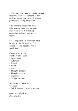 Give a brief summary of the components of the mental status exam. | DOCX