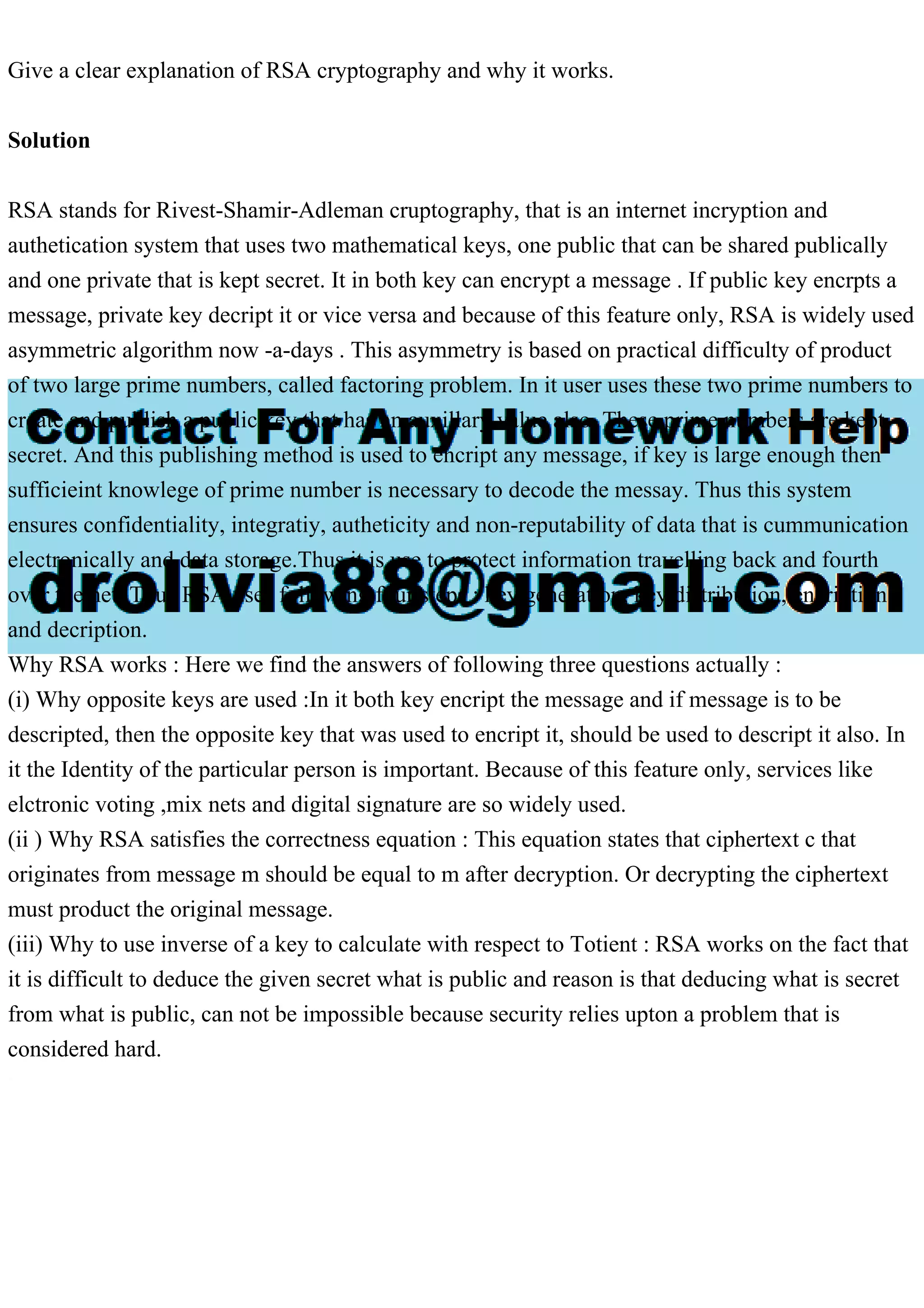 Give a clear explanation of RSA cryptography and why it works.So.pdf