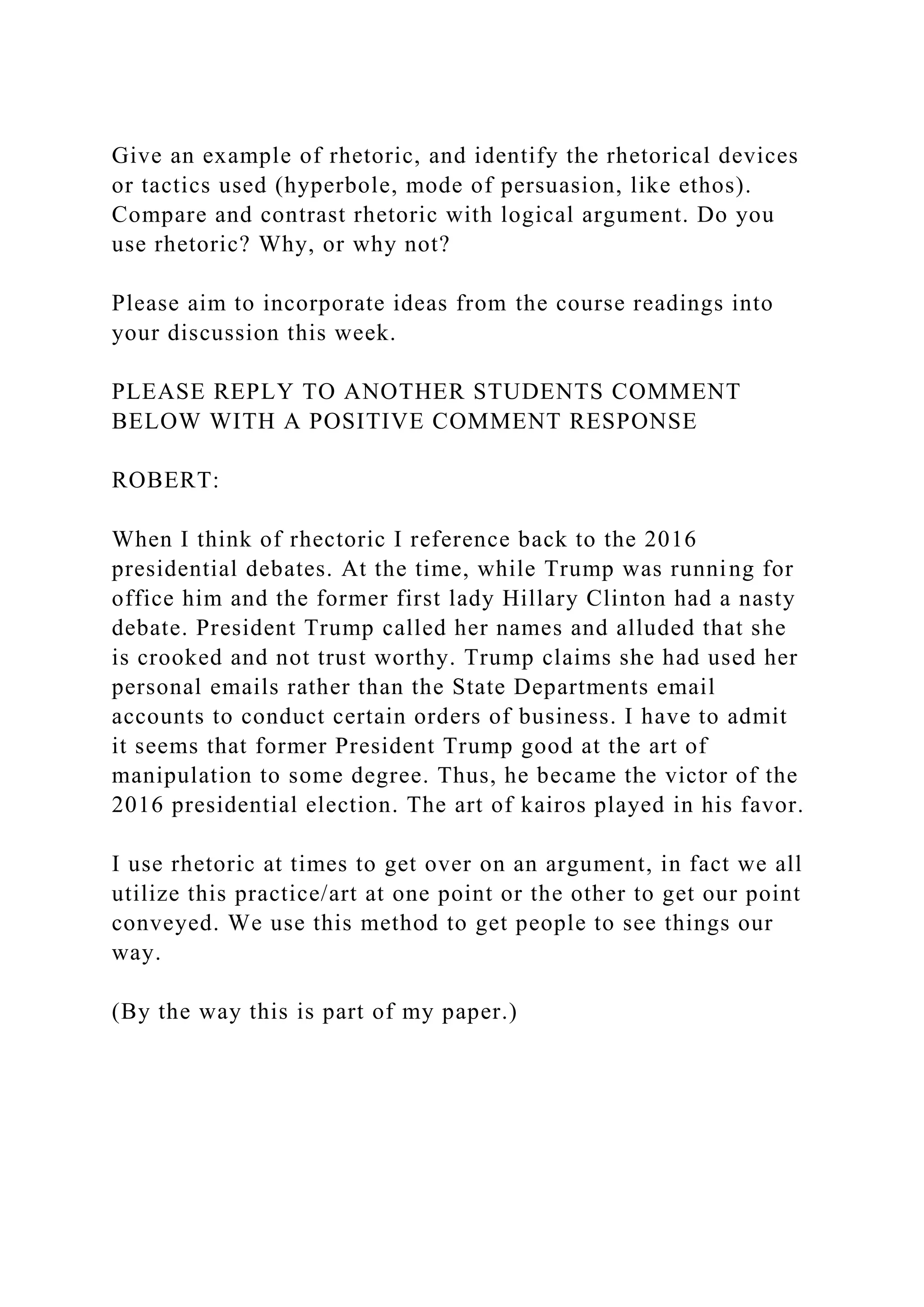 Give an example of rhetoric, and identify the rhetorical devices or .docx