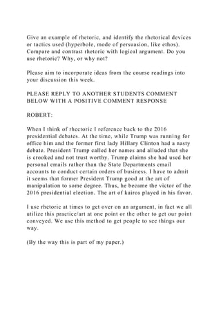 Give an example of rhetoric, and identify the rhetorical devices or .docx