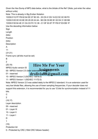 Given the Hex Dump of MP3 data below what is the bitrate of.pdf ...