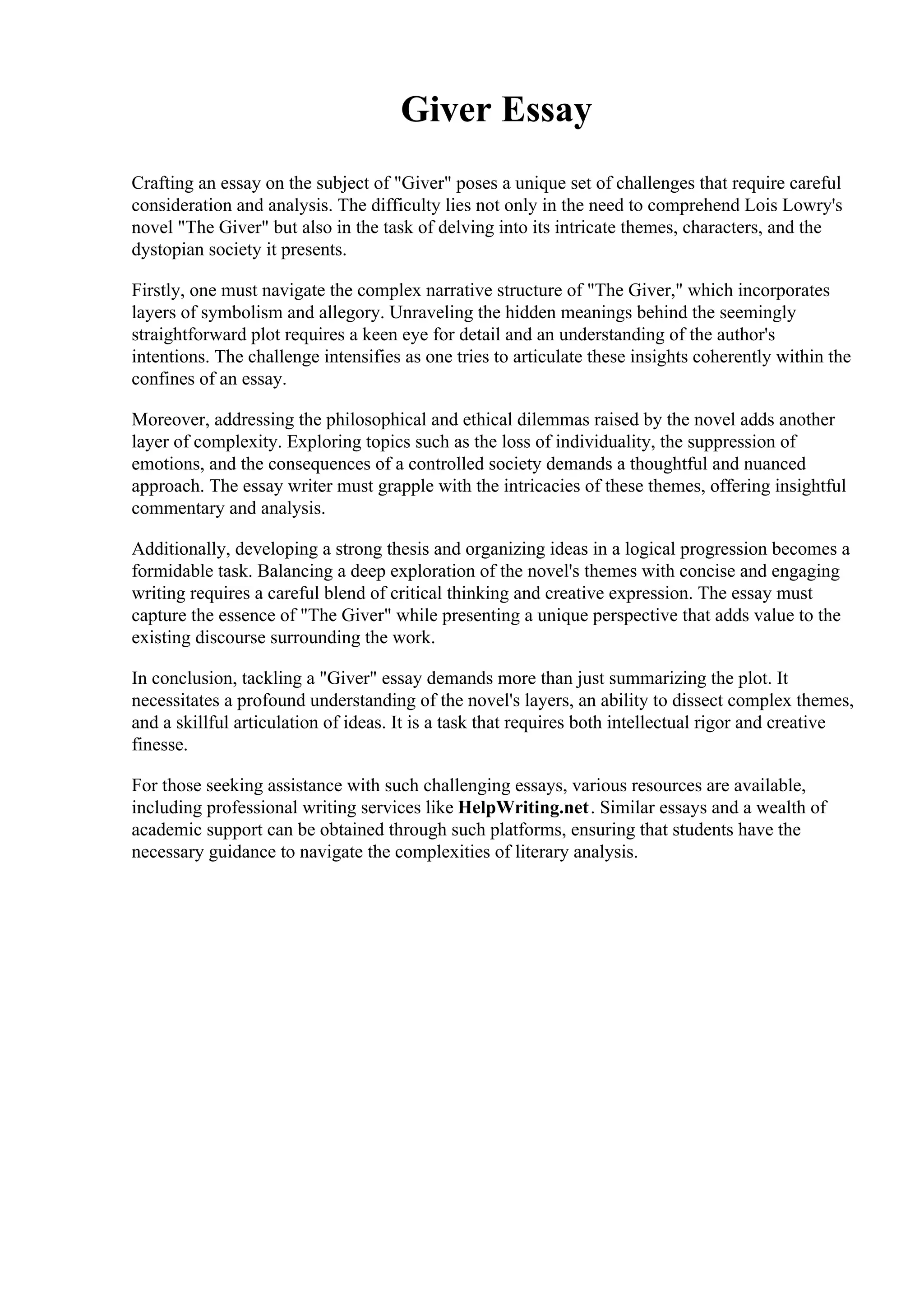 Giver Essay. Central Methodist University | PDF