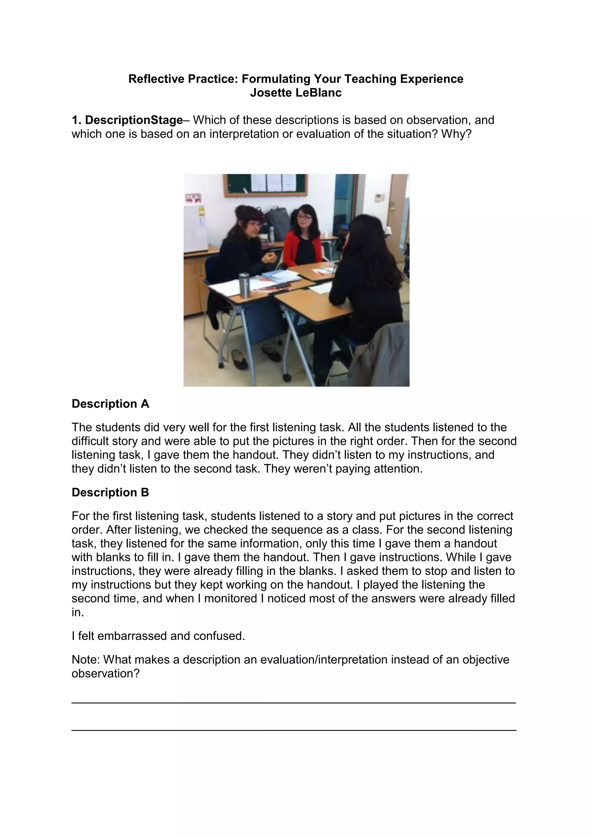 Reflective Practice: Formulating Your Teaching Experience (worksheet) | PDF
