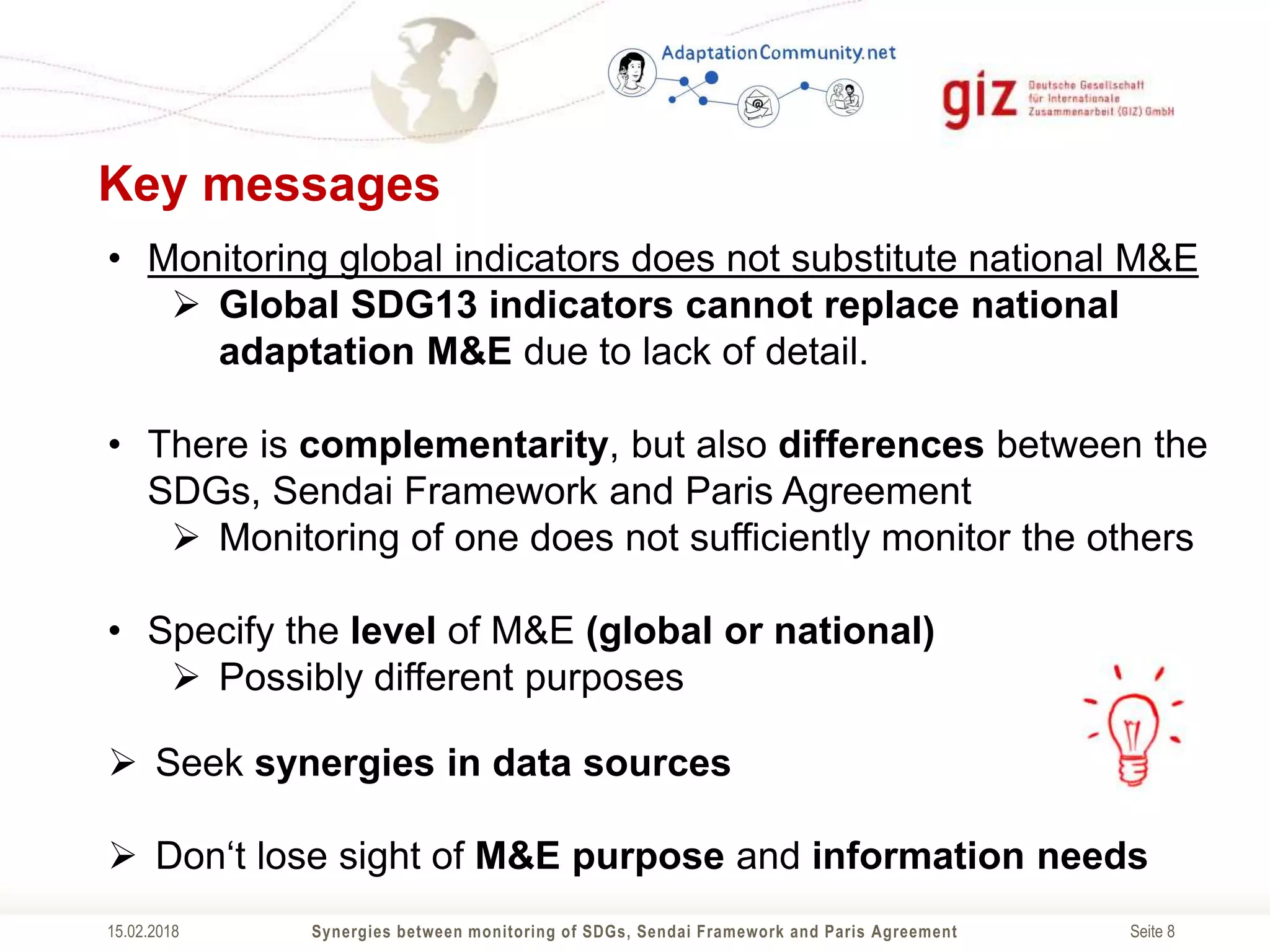 Synergies in monitoring the SDGs, Sendai Framework and Paris Agreement ...