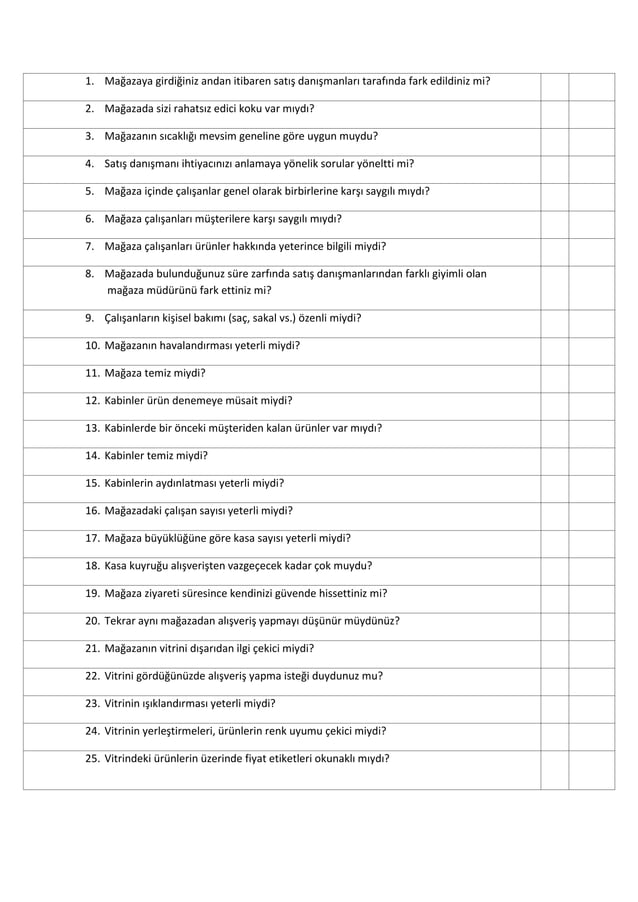 Mağaza Gizli Müşteri Anket Örneği | PDF