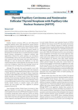 Thyroid Papillary Carcinoma and Noninvasive Follicular Thyroid Neoplasm with Papillary-Like ...