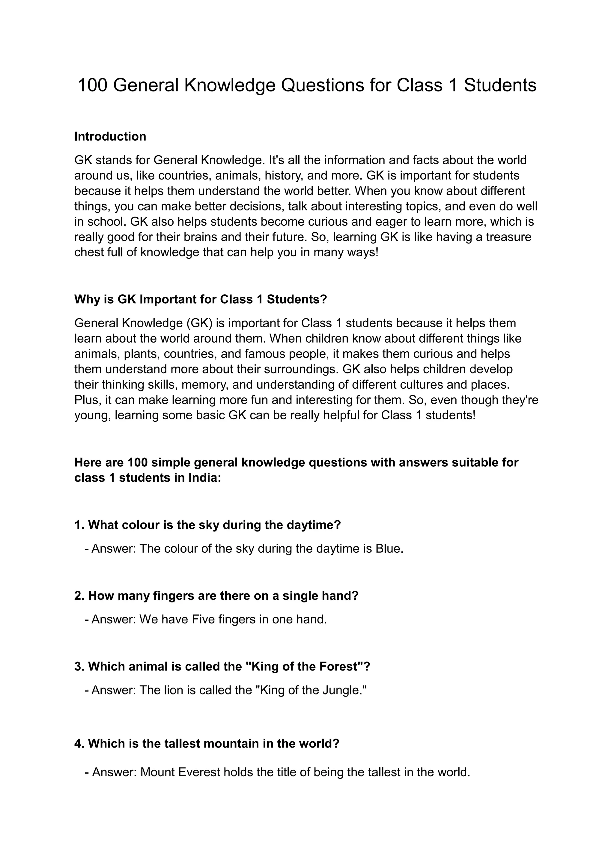 General Knowledge Questions for Class 1 | Broad Vision World School | DOCX
