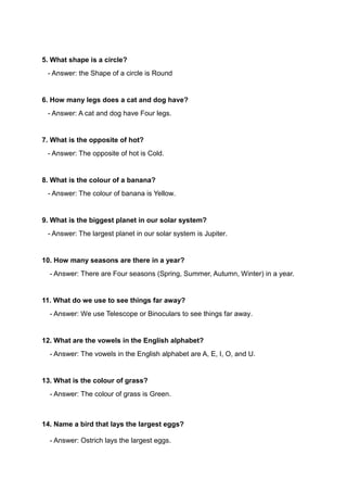 General Knowledge Questions for Class 1 | Broad Vision World School | DOCX