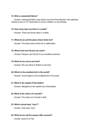 General Knowledge Questions for Class 1 | Broad Vision World School | DOCX