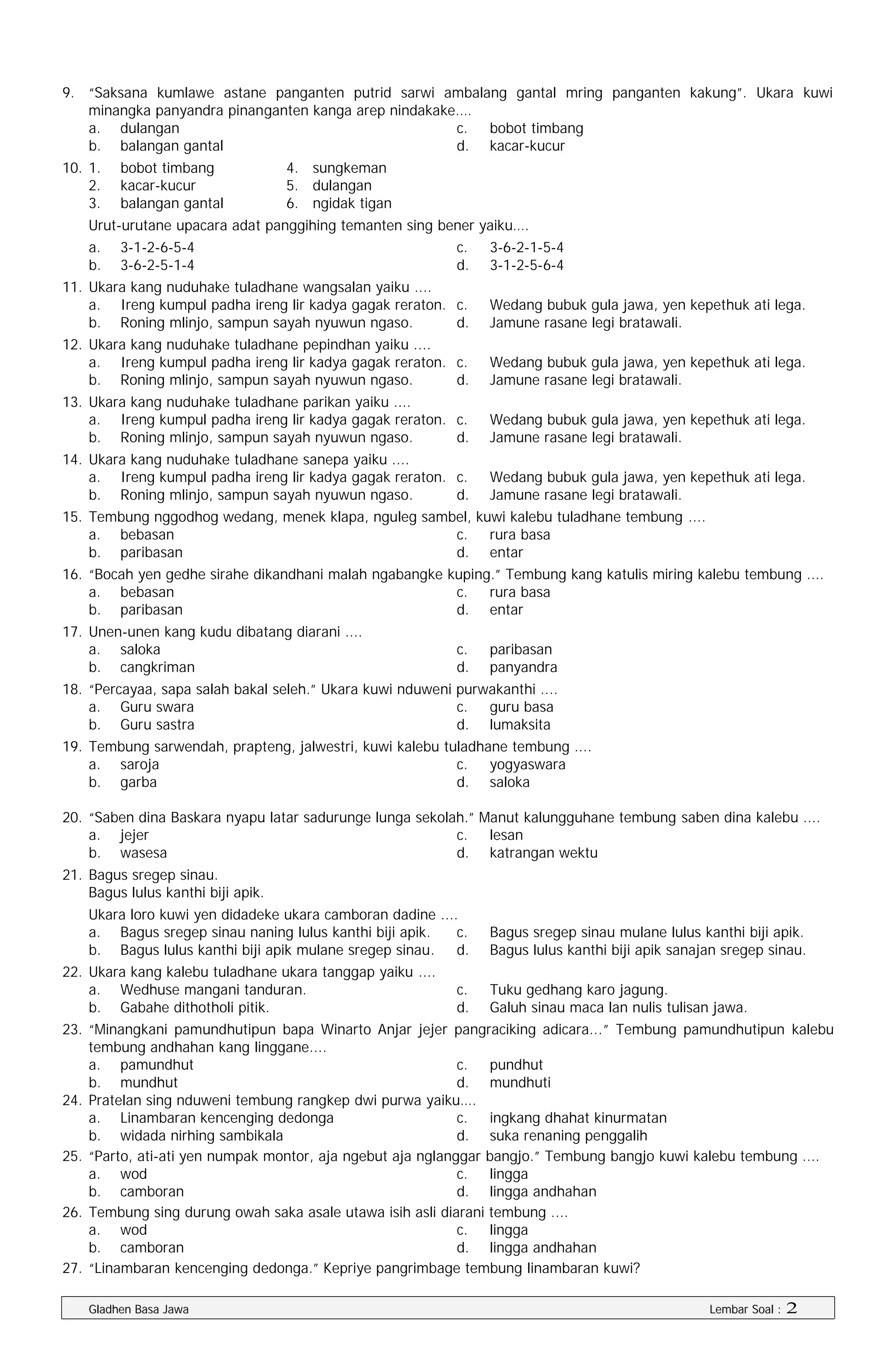Gladhen Soal Basa Jawa SMP Kelas 9 | PDF