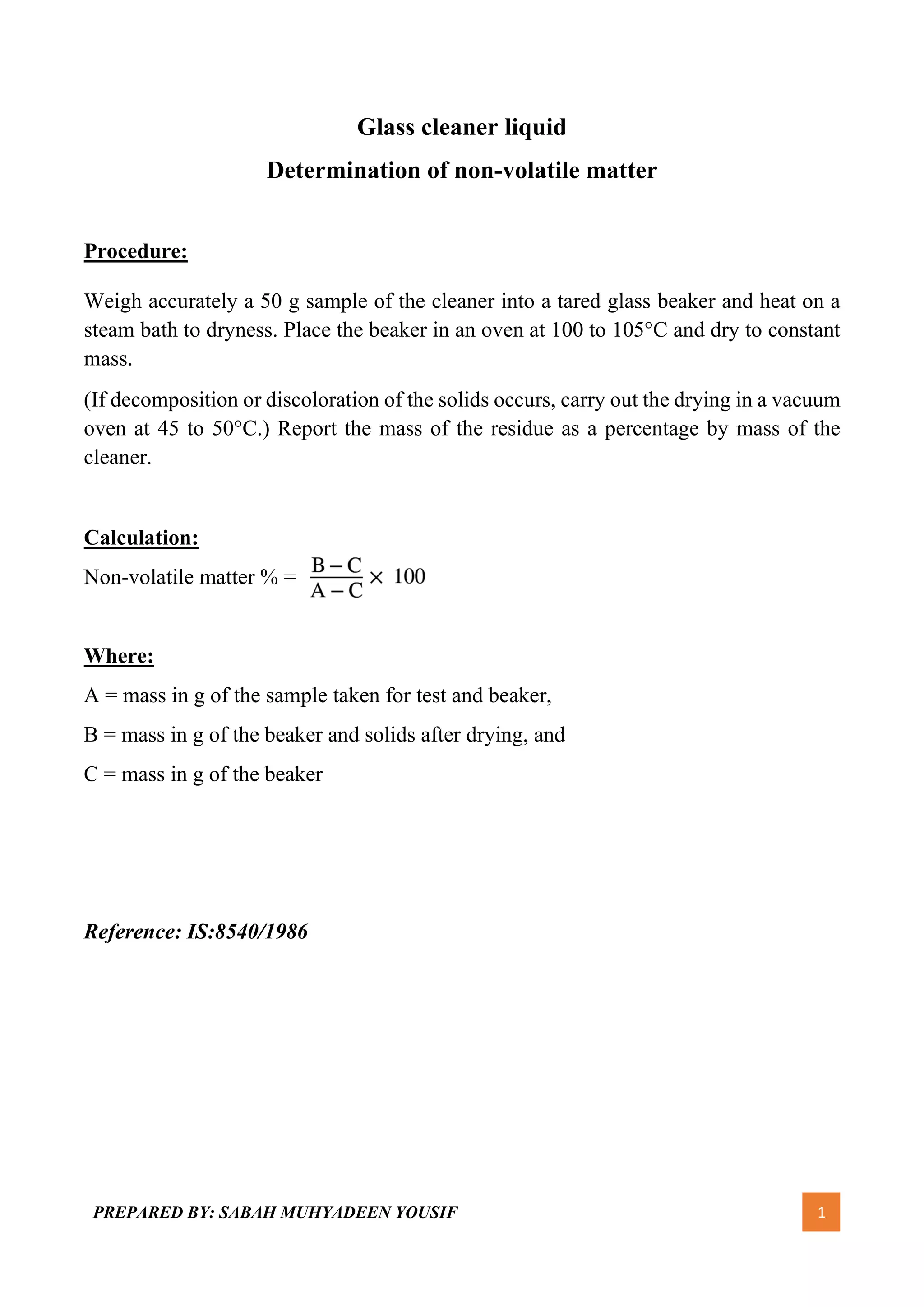 Glass cleaner determination of non-volatile matter | PDF