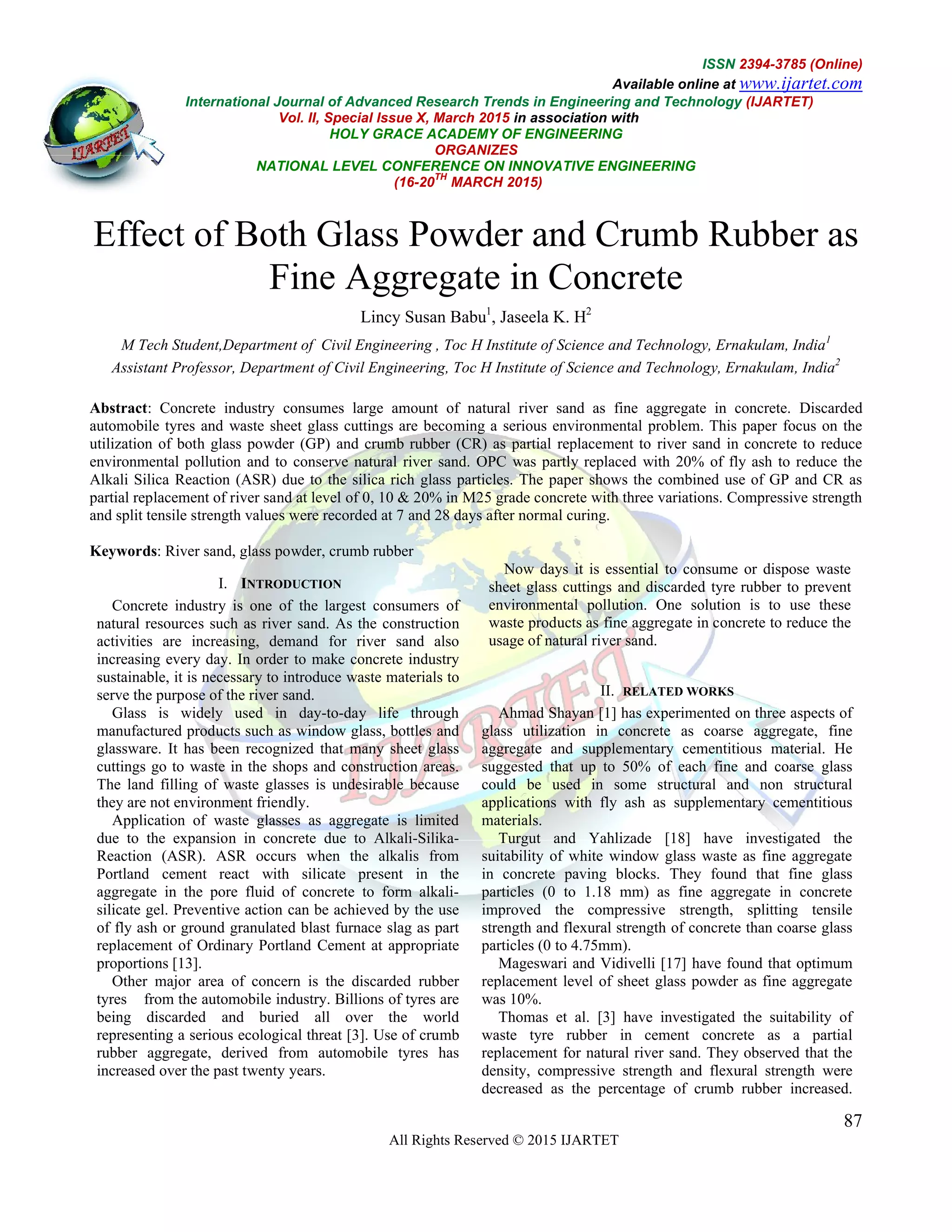 Effect of Glass powder and crumb rubber as fine aggregate in concrete | PDF
