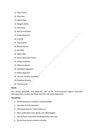 To study Glassware and apparatus used in Pharmaceutical Organic ...