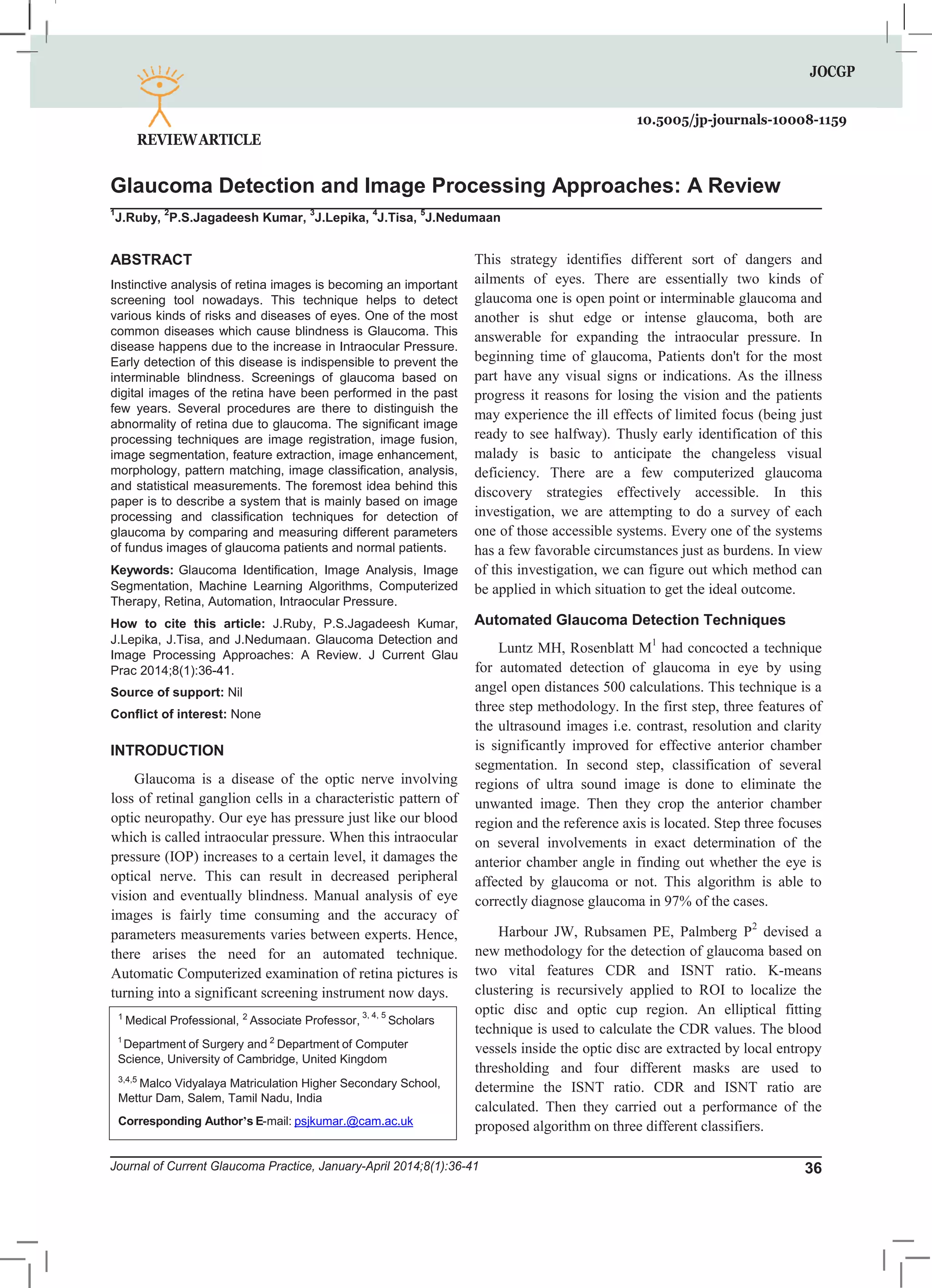 Glaucoma Detection and Image Processing Approaches: A Review | PDF