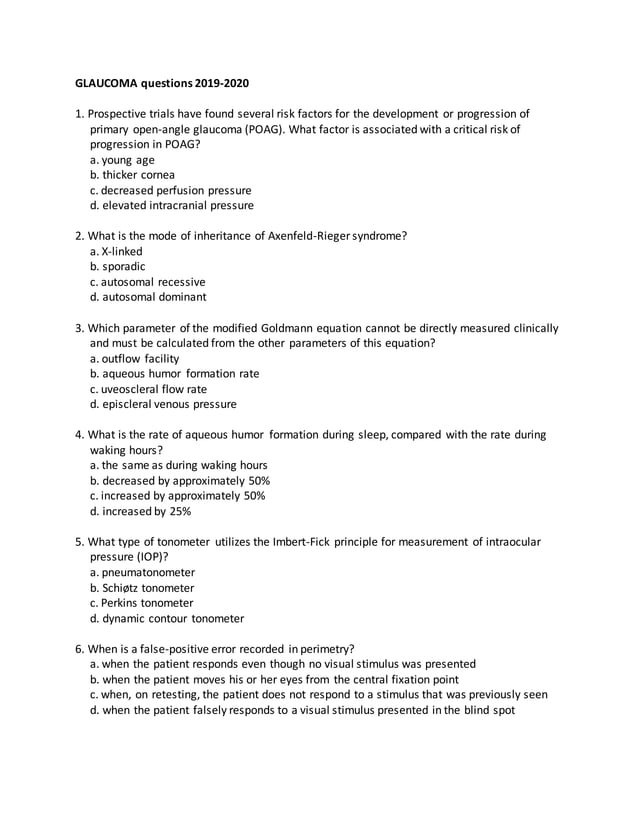 Glaucoma questions BSCS 2019 2020 | DOCX | Eye and Vision Conditions ...