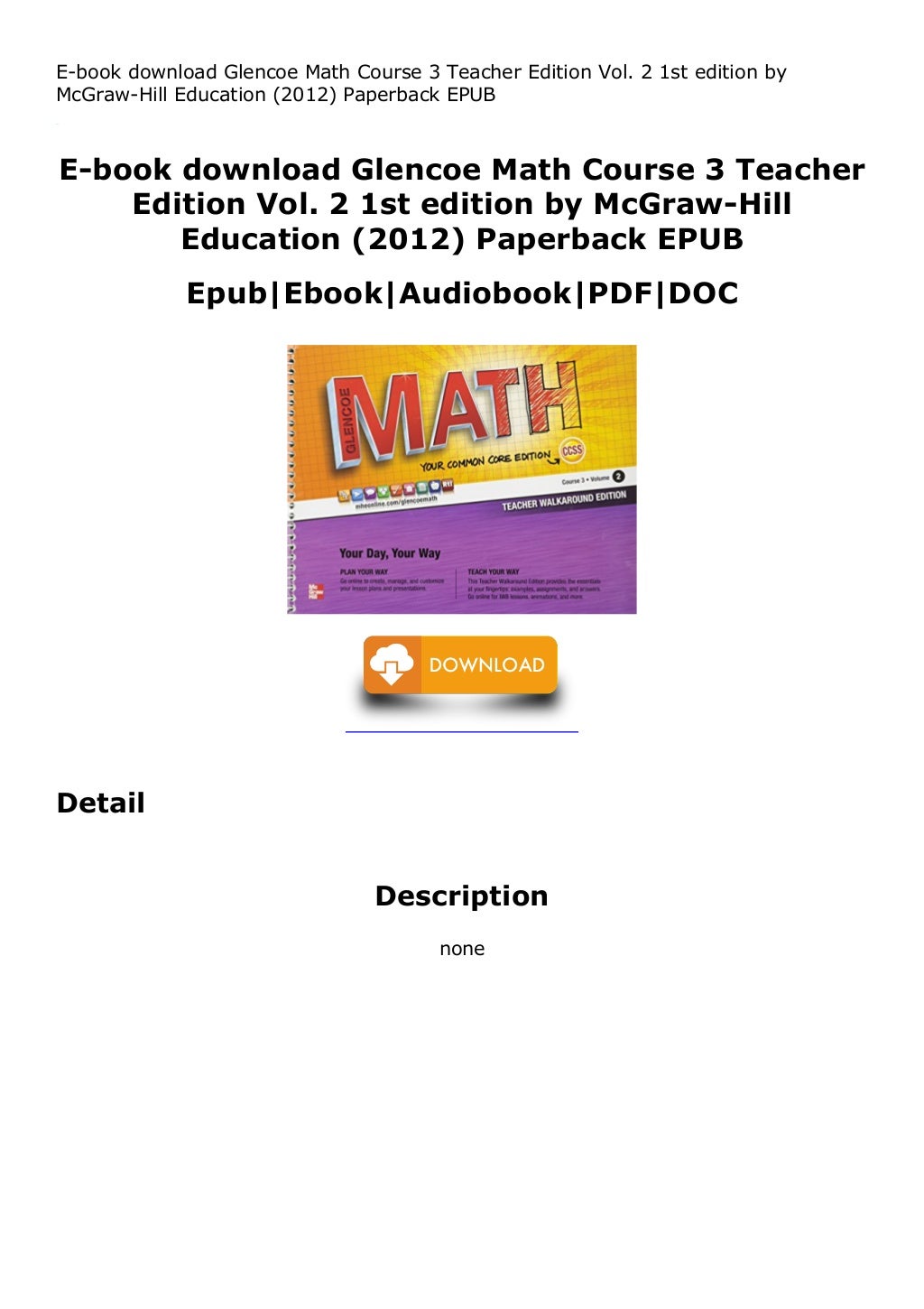 E book Download Glencoe Math Course 3 Teacher Edition Vol 2 1st Edit E book Download Glencoe Math Course 3 Teacher Edition Vol 2 1st Edit