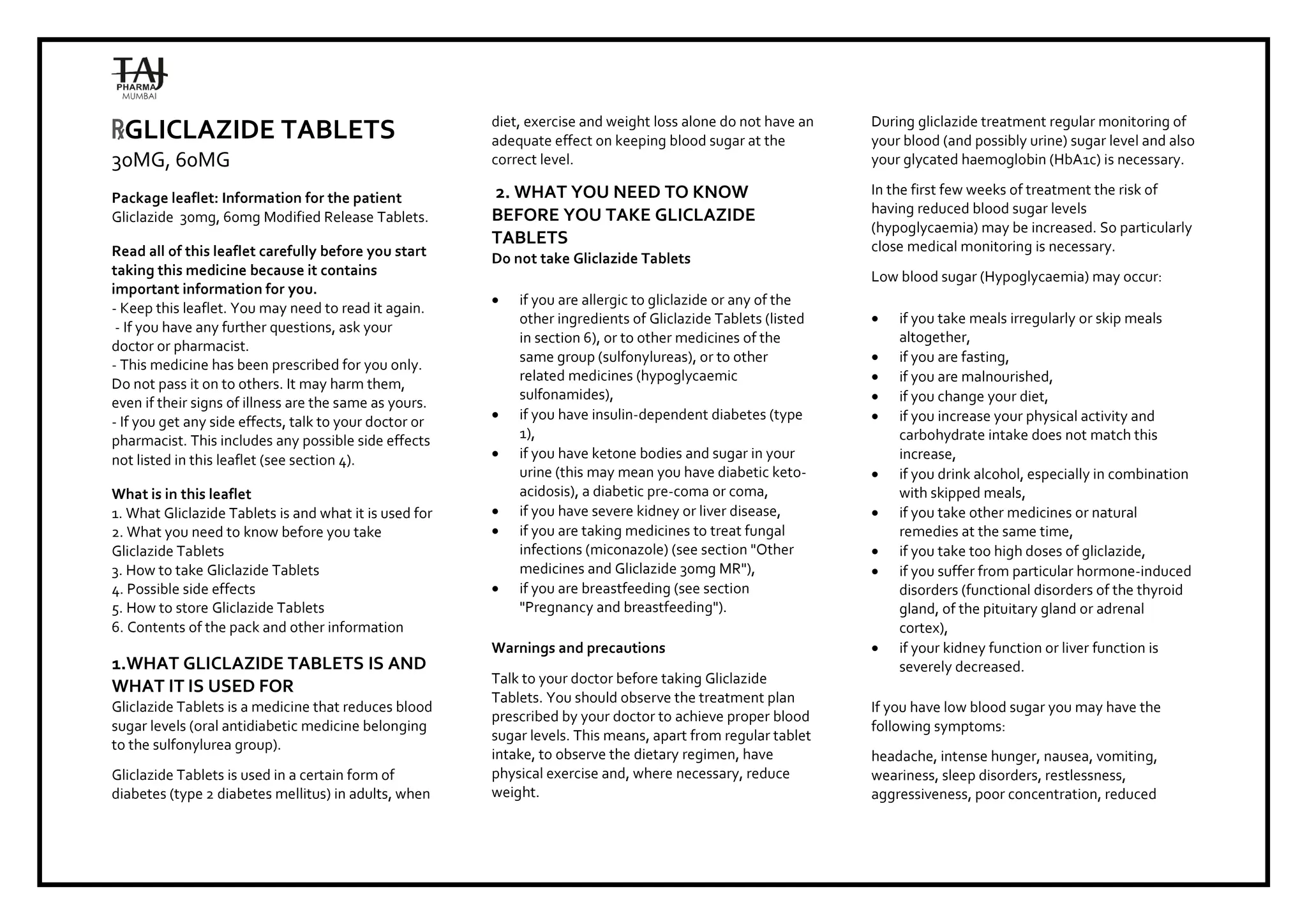 Gliclazide 30mg__60mg_modified_release_tablets_pil__taj_pharmaceuticals ...
