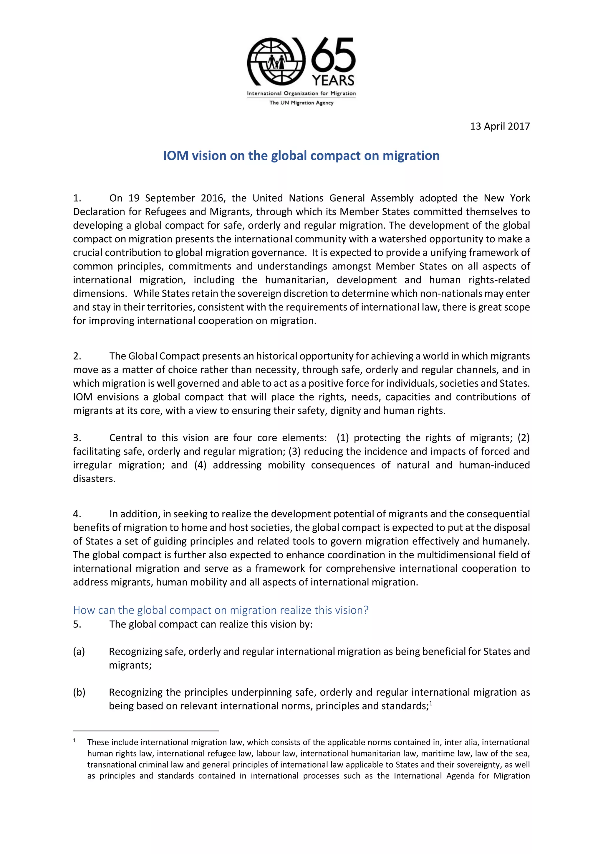 Global Compact on Migration - IOM Vision | PDF