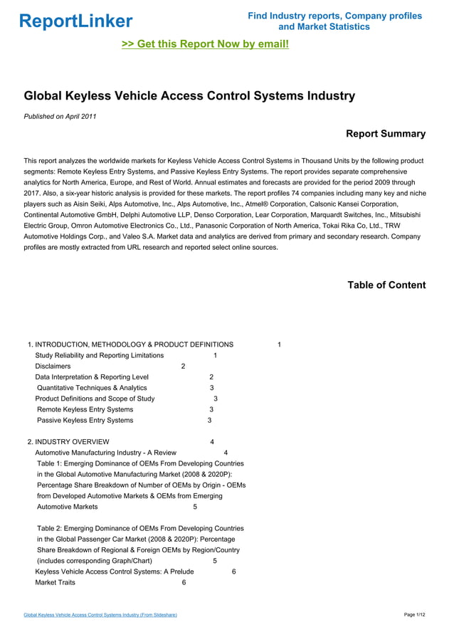 Global Keyless Vehicle Access Control Systems Industry | PDF
