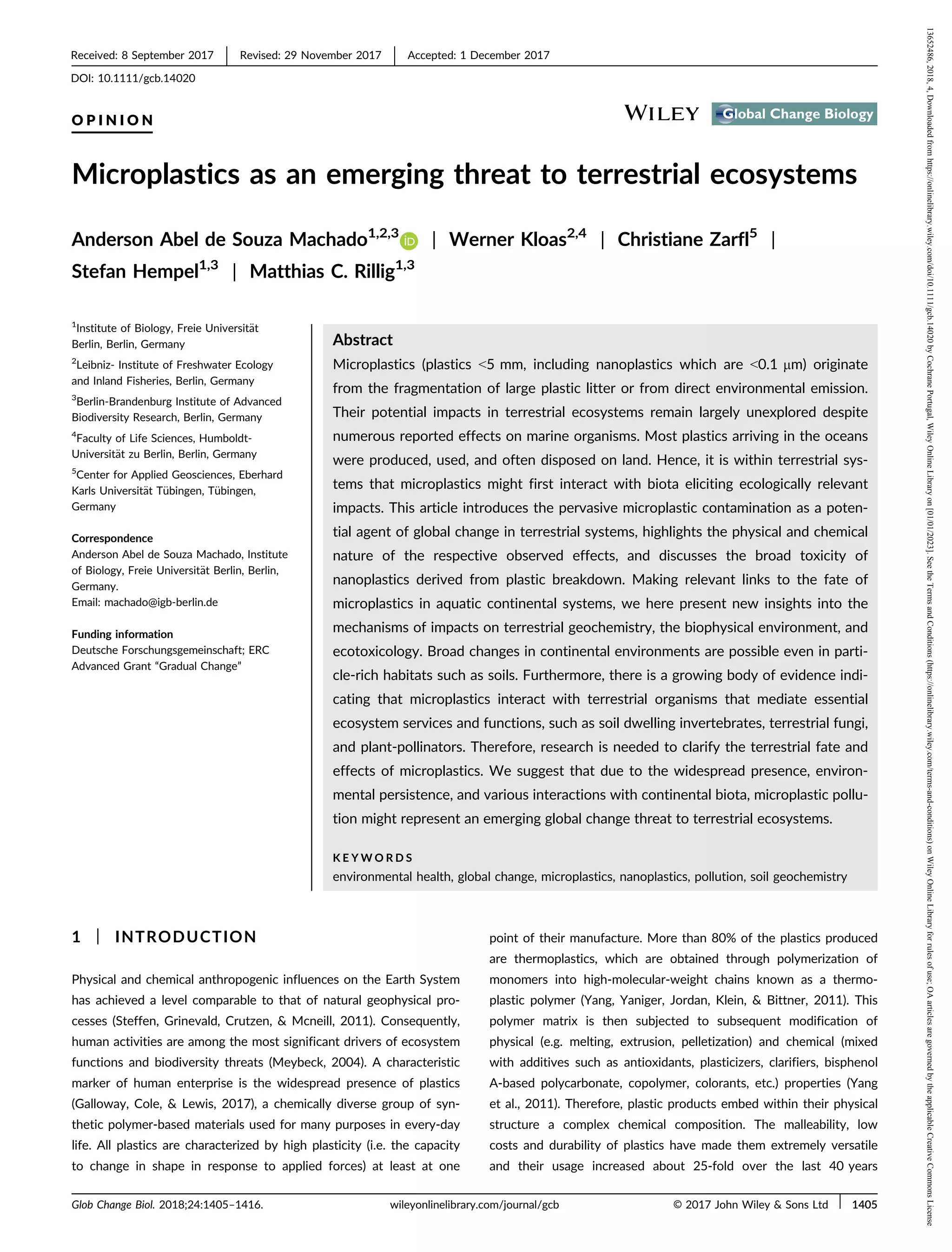 Microplastics As An Emerging Threat To Terrestrial Ecosystems Pdf