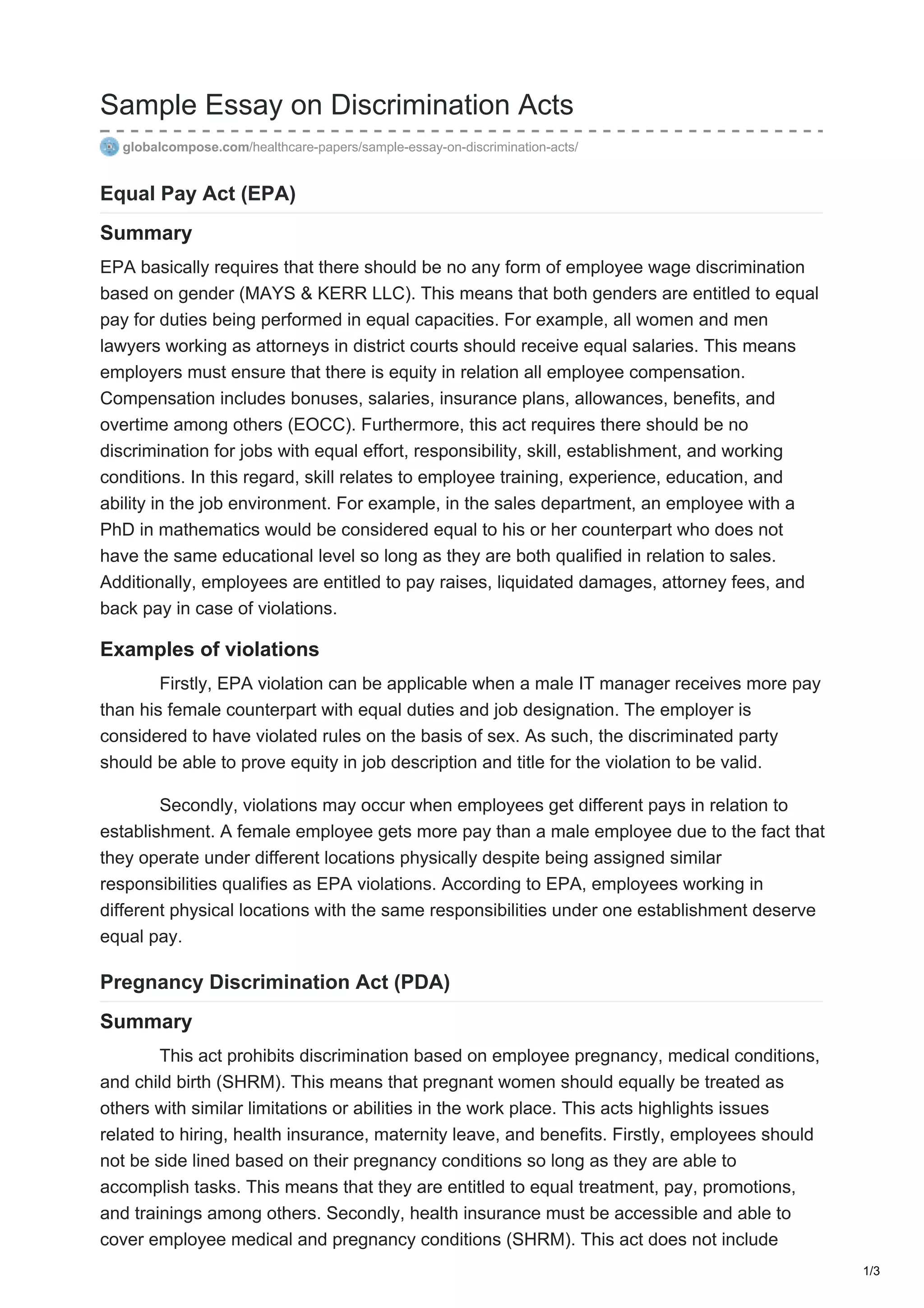 Globalcompose.com sample essay on discrimination acts | PDF