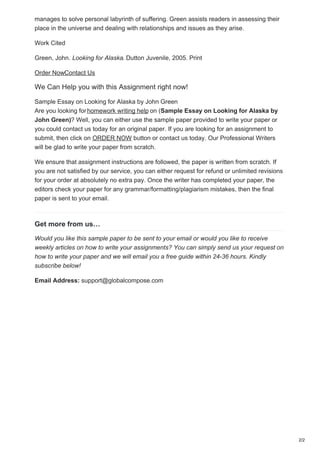 Globalcompose.com sample essay on looking for alaska by john green | PDF