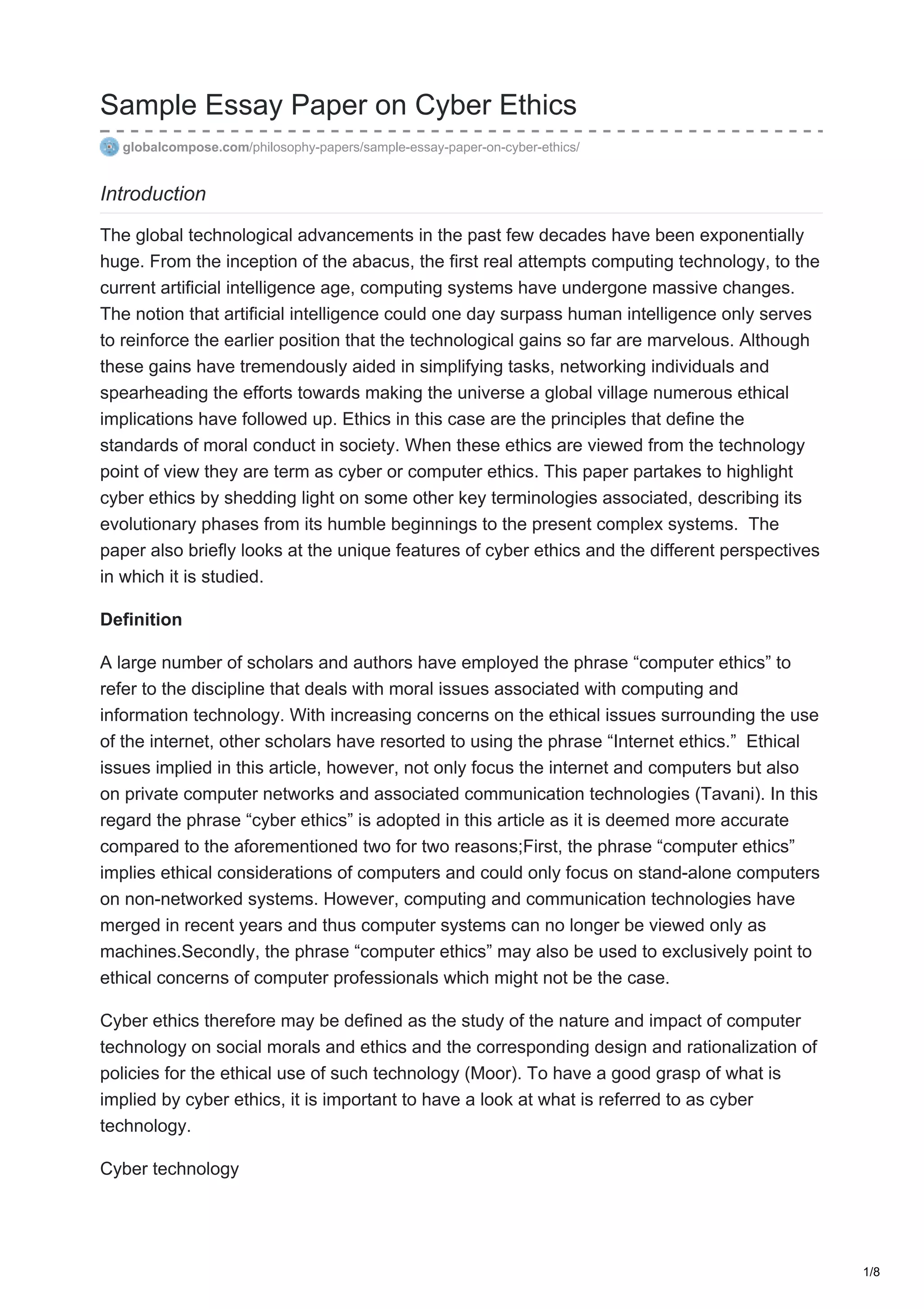 Globalcompose.com sample essay paper on cyber ethics | PDF