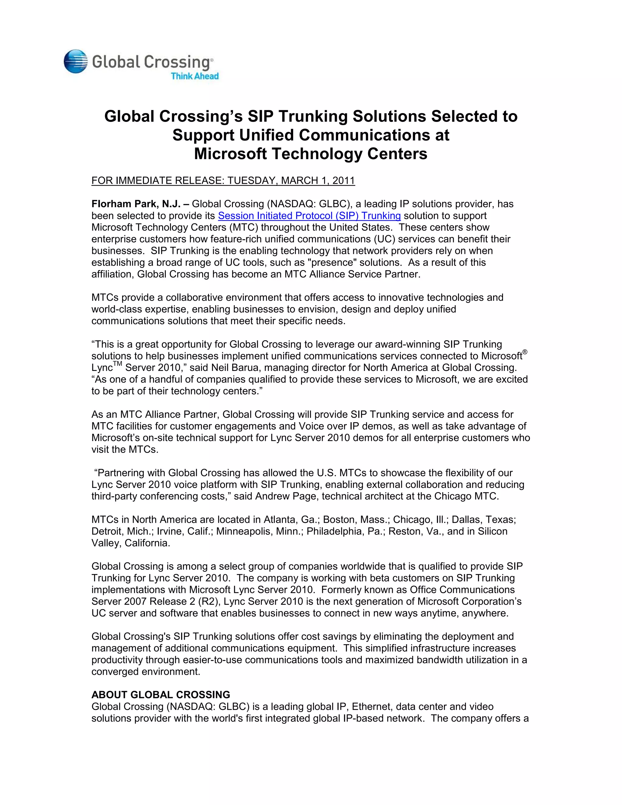 Global Crossing & Microsoft Technology Ctr | PDF