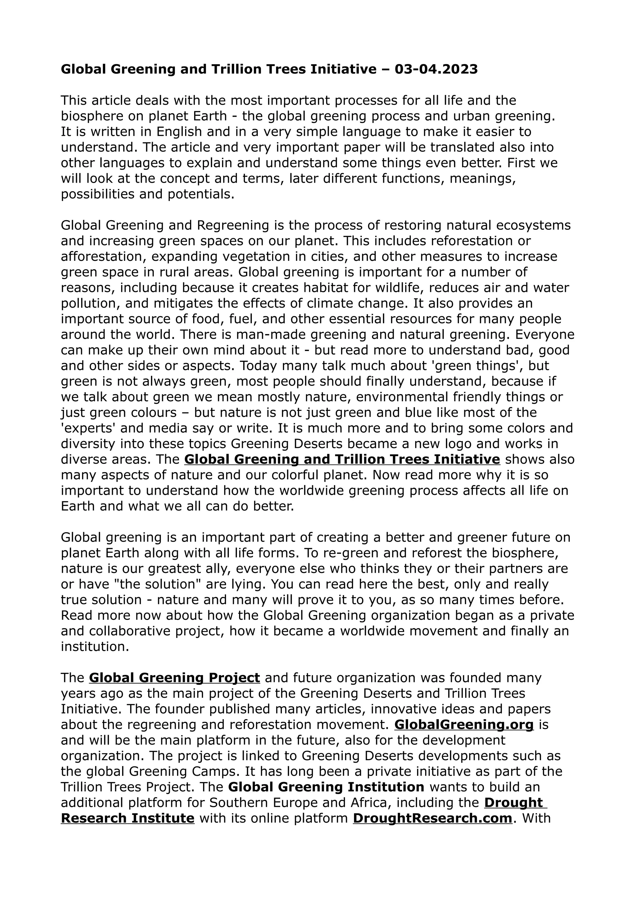 Global Greening and Trillion Trees Initiative for better reforestation ...