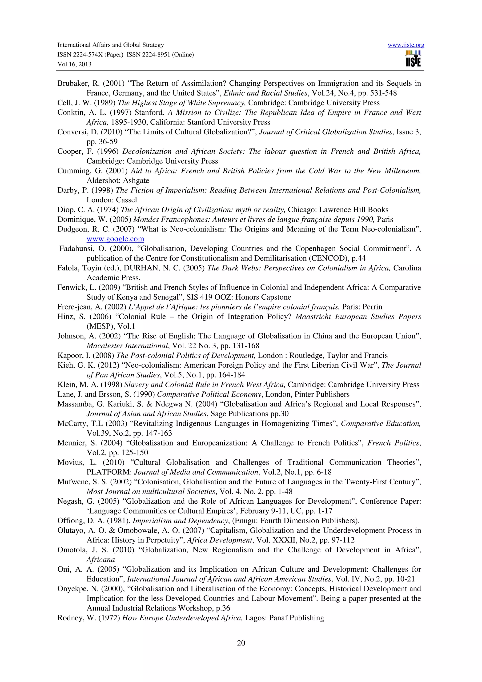 Globalising the french language neo-colonialism or development | PDF