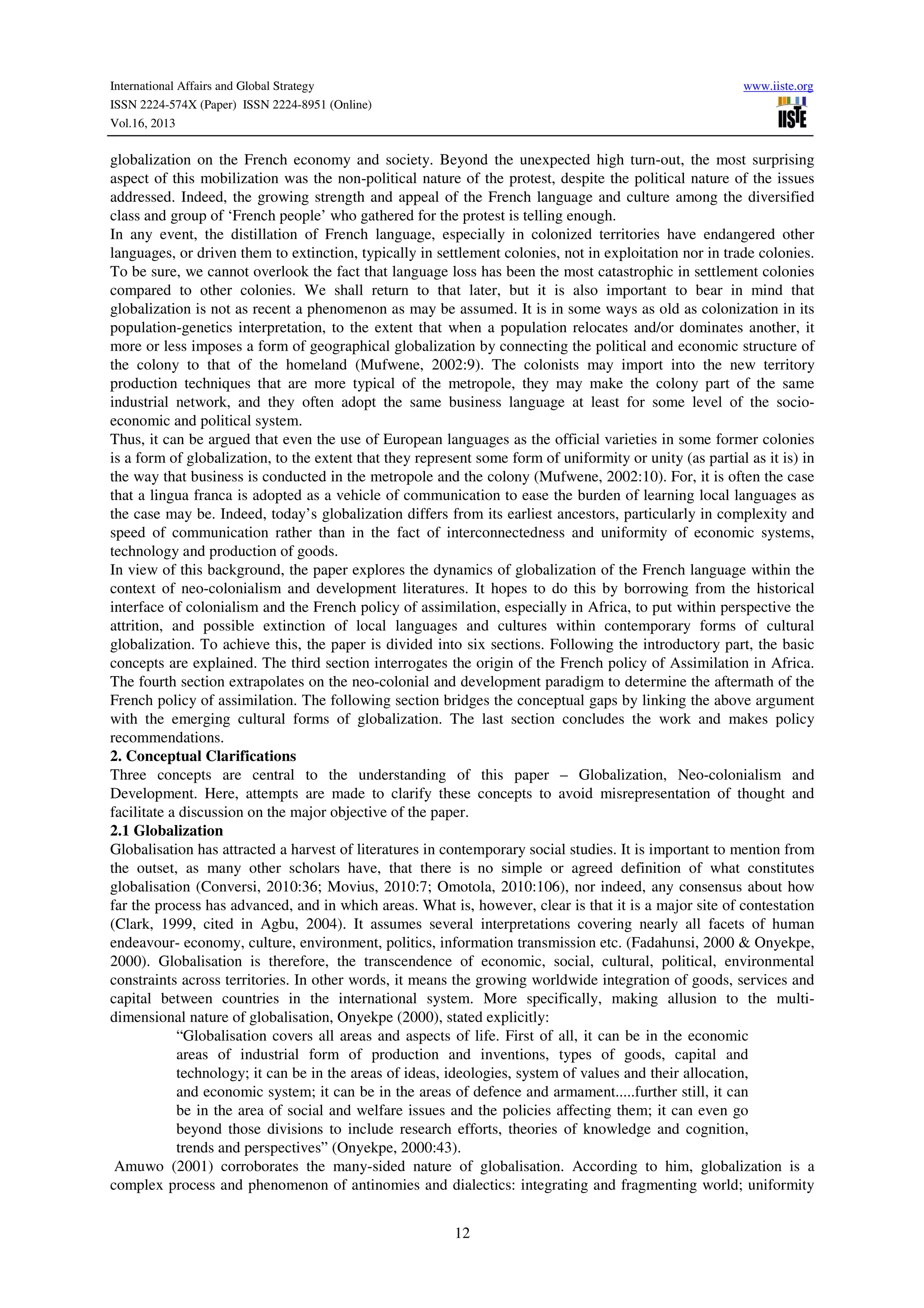 Globalising the french language neo-colonialism or development | PDF