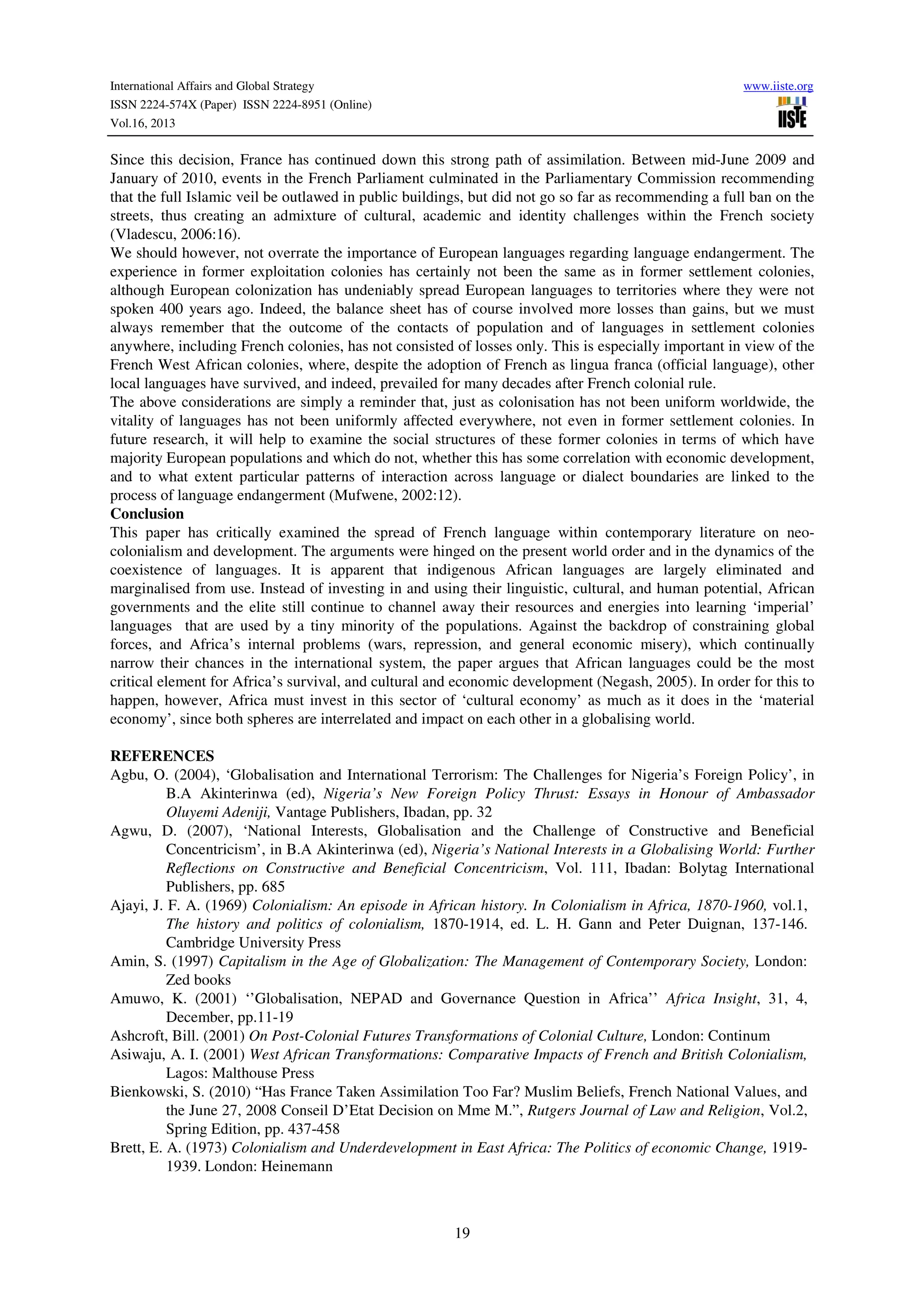 Globalising the french language neo-colonialism or development | PDF