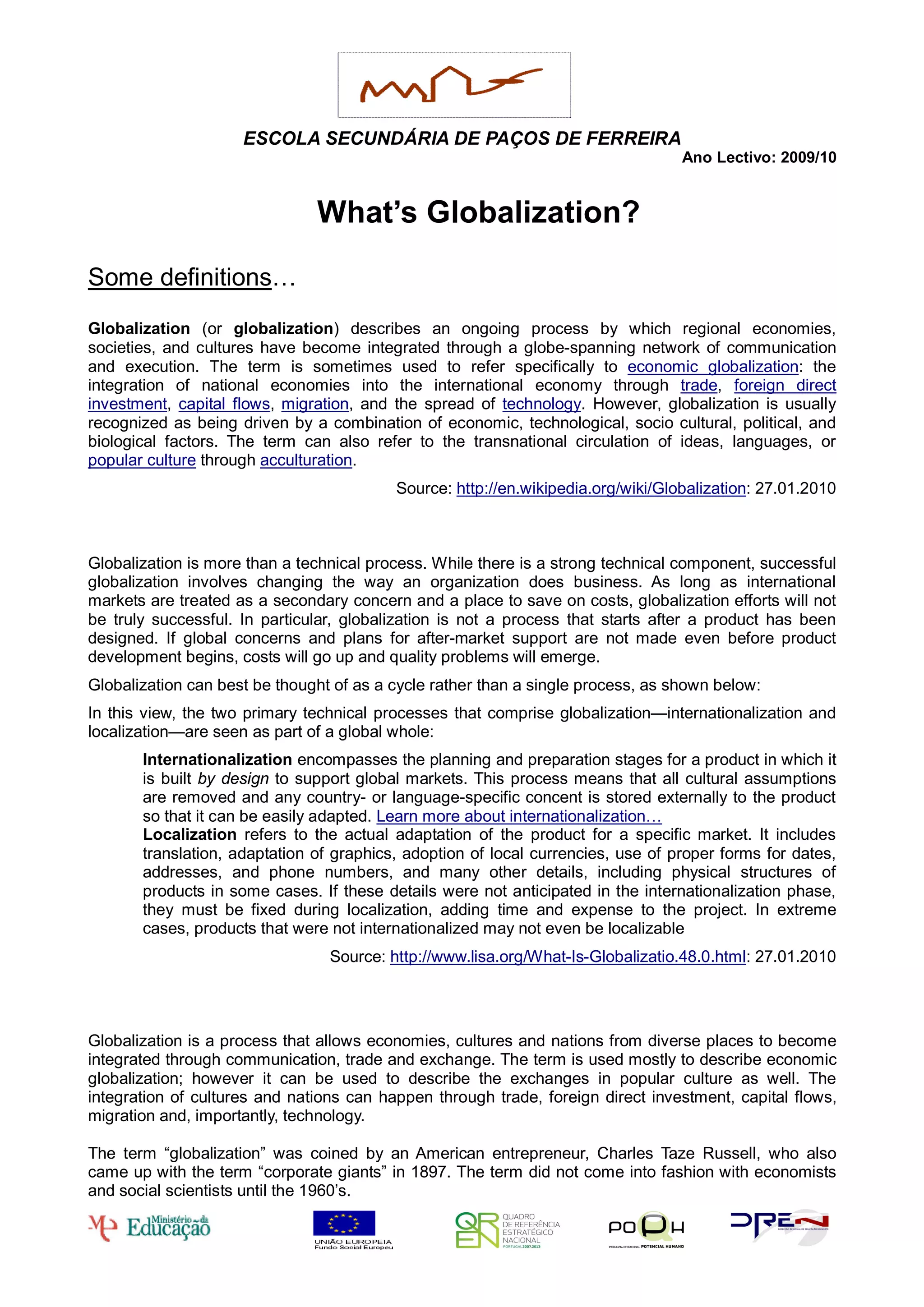 Globalization Definitions | PDF