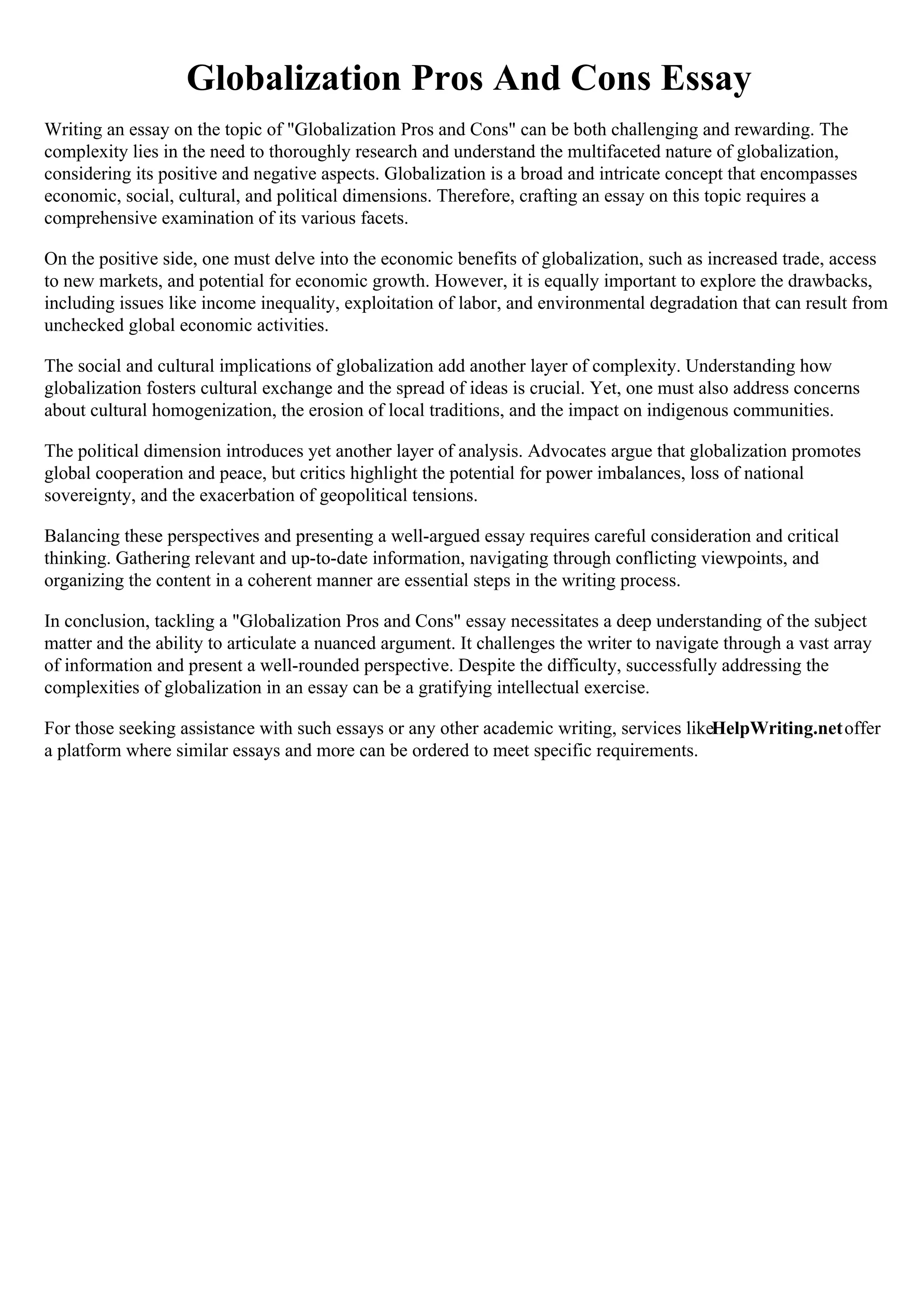 Globalization Pros And Cons Essay | PDF
