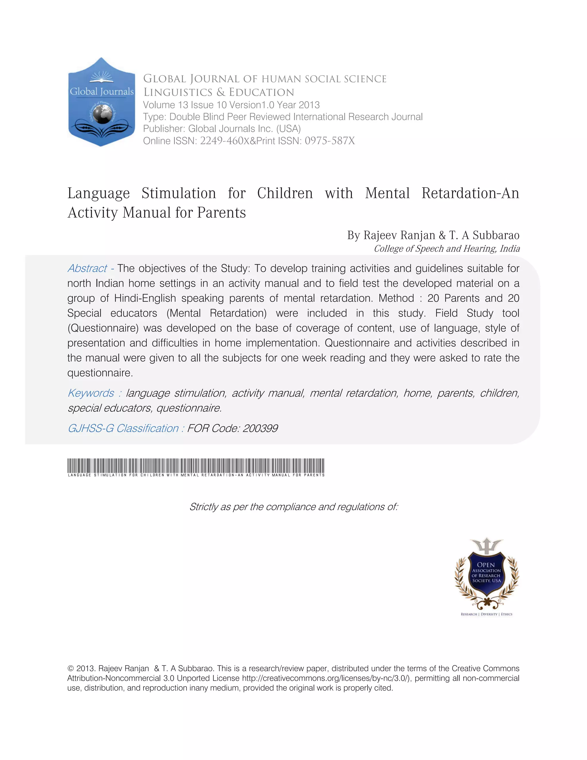 Language Stimulation for Children with Mental Retardation-An activity ...