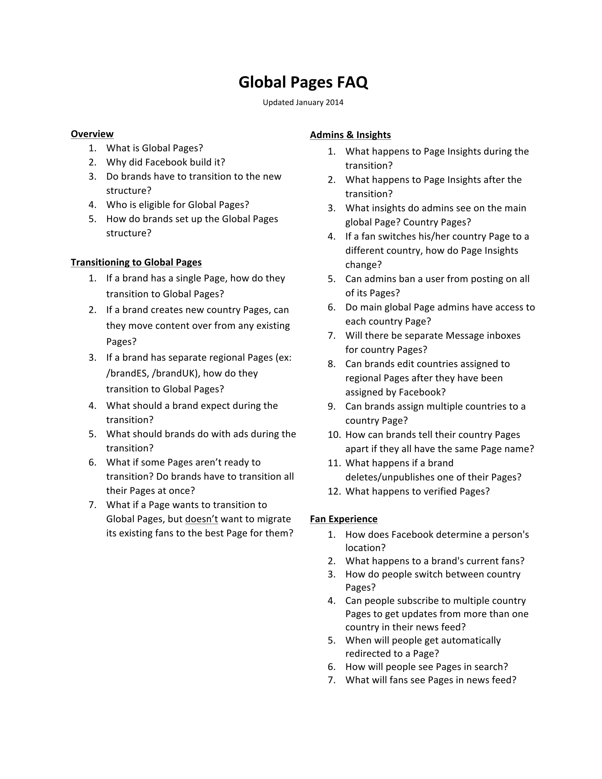 Facebook Global pages FAQ | PDF