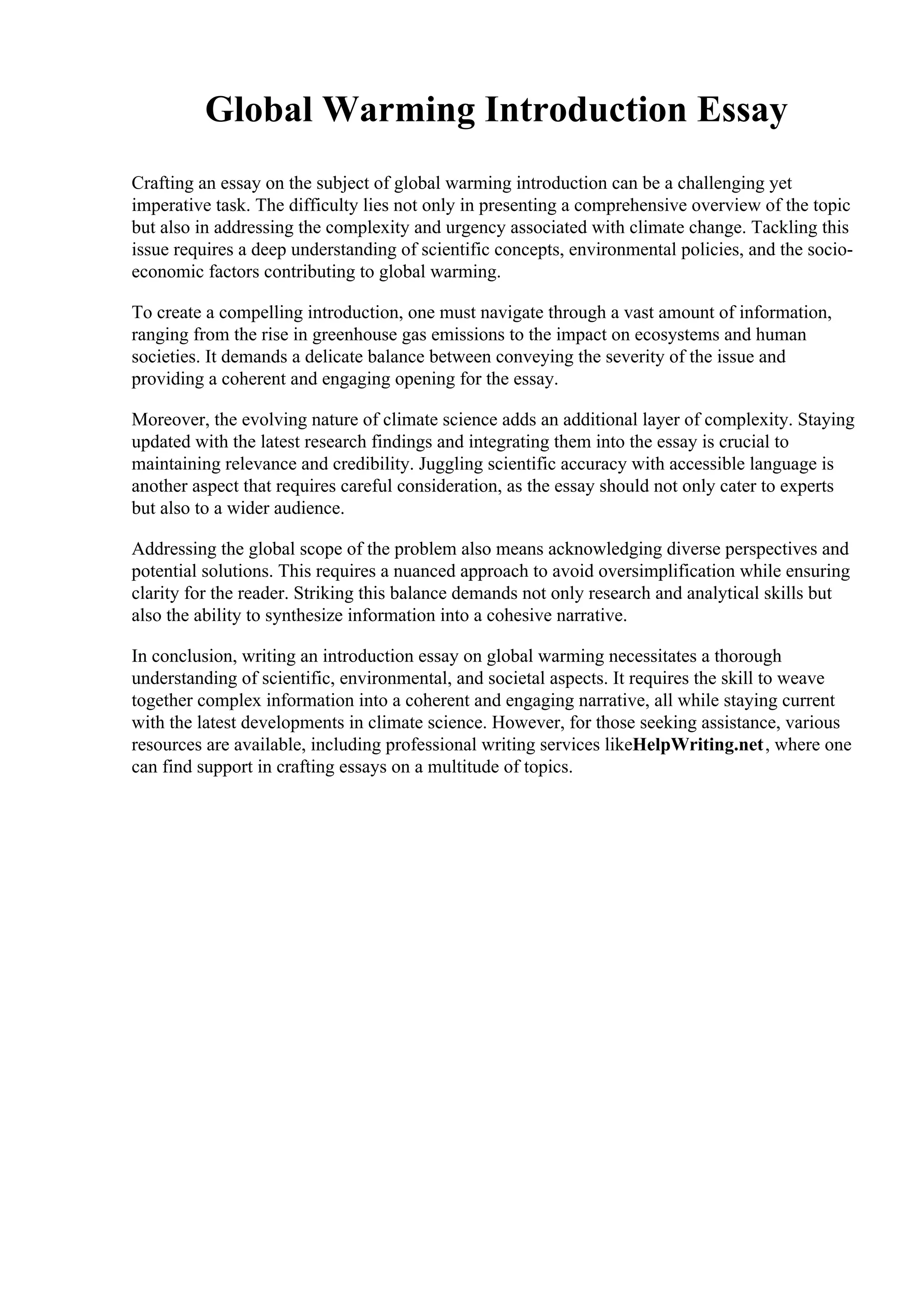 Global Warming Introduction Essay. Millennia Atlantic University | PDF