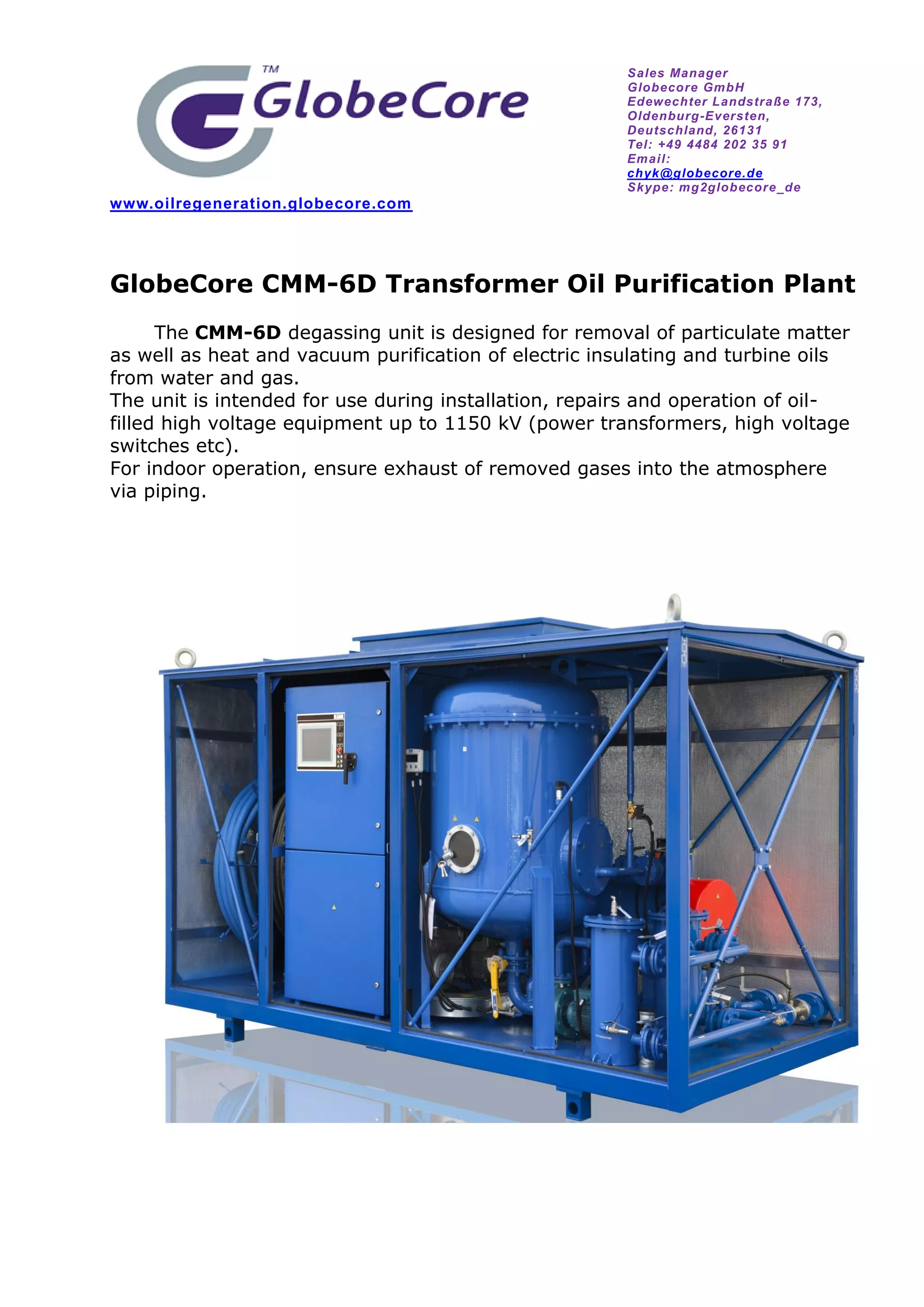 Globecore transformer oil purification plant with high vacuum cmm 6 d | PDF