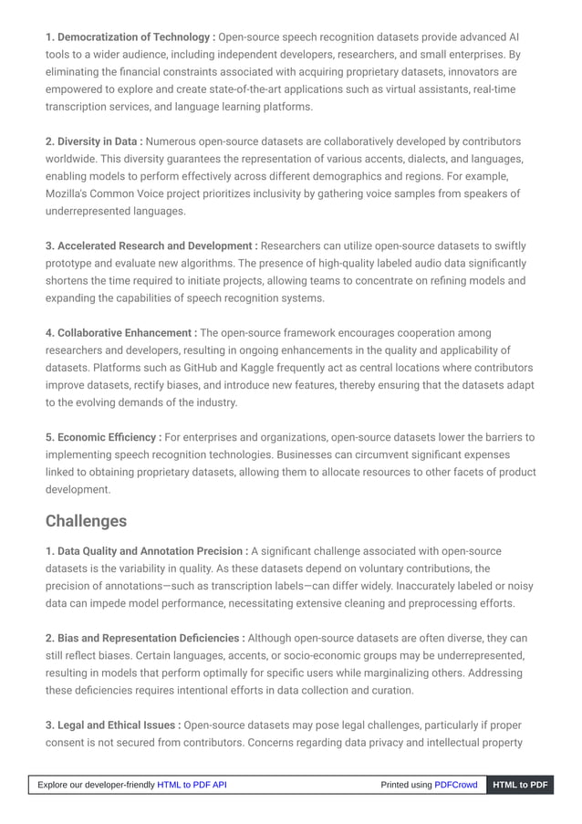 Open Source Speech Recognition Datasets: Opportunities and Challenges | PDF