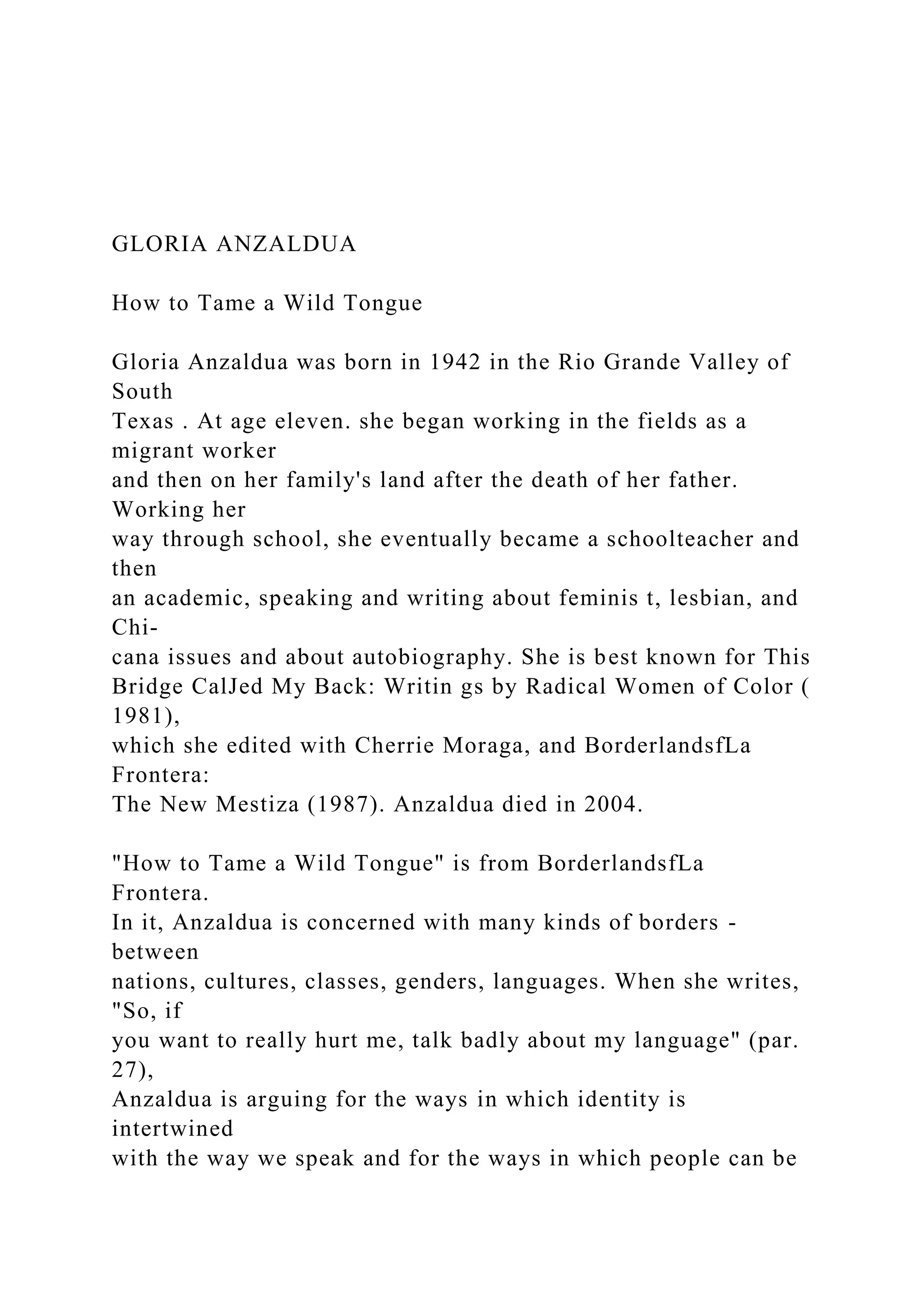 GLORIA ANZALDUA How to Tame a Wild Tongue Gloria Anzal.docx