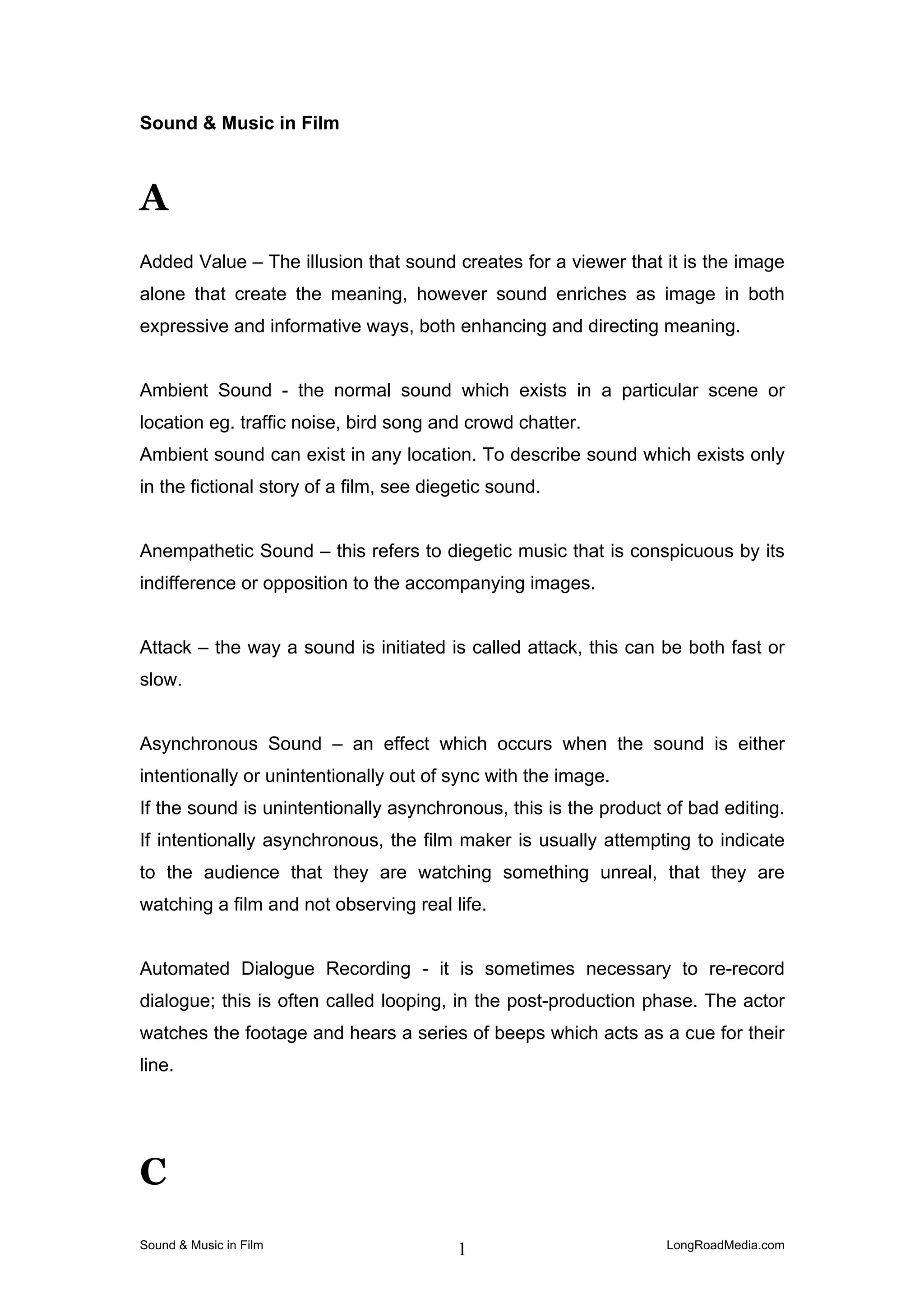 Glossary Sound And Music In Film | PDF