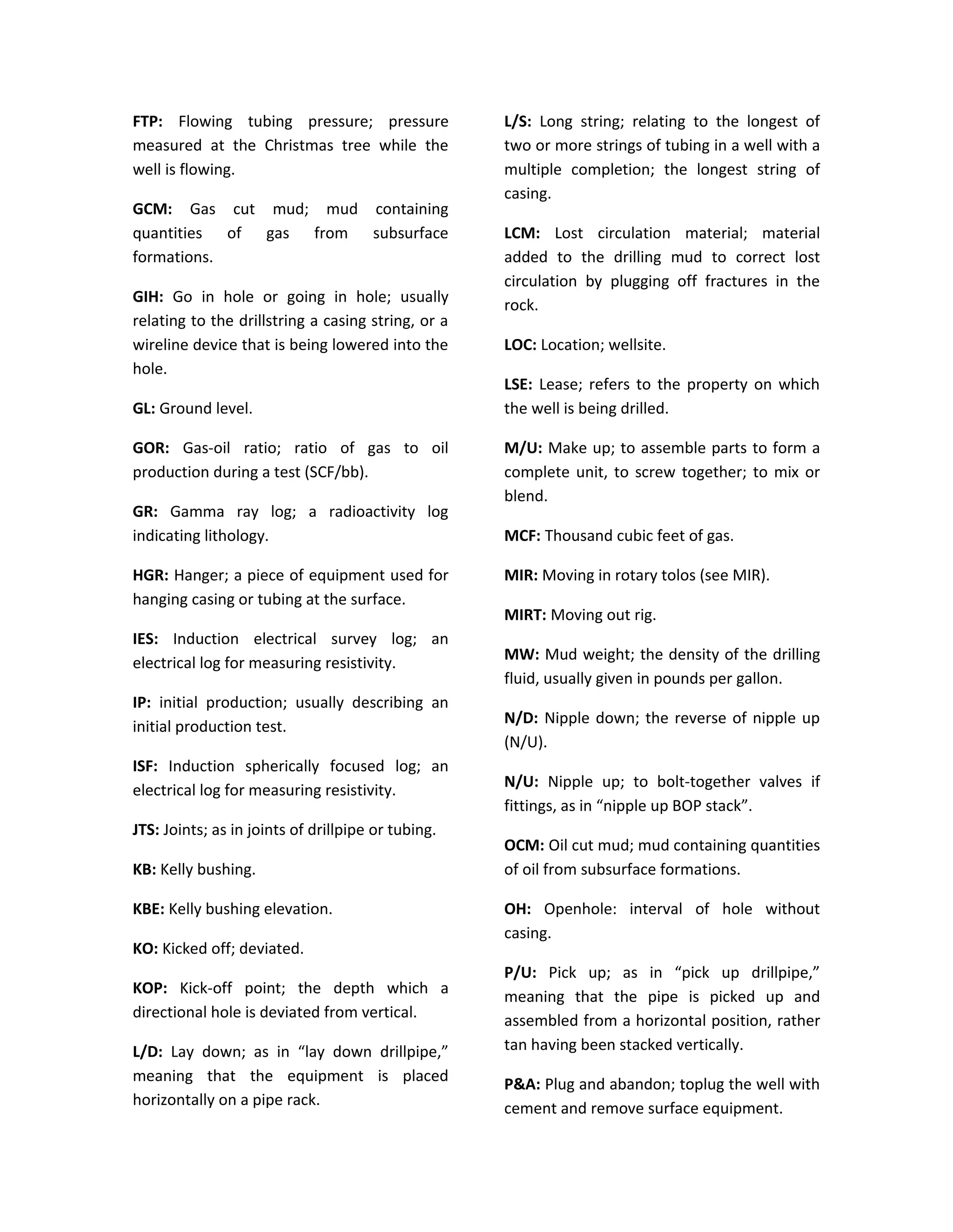Glossary of drilling report abbreviations | DOC