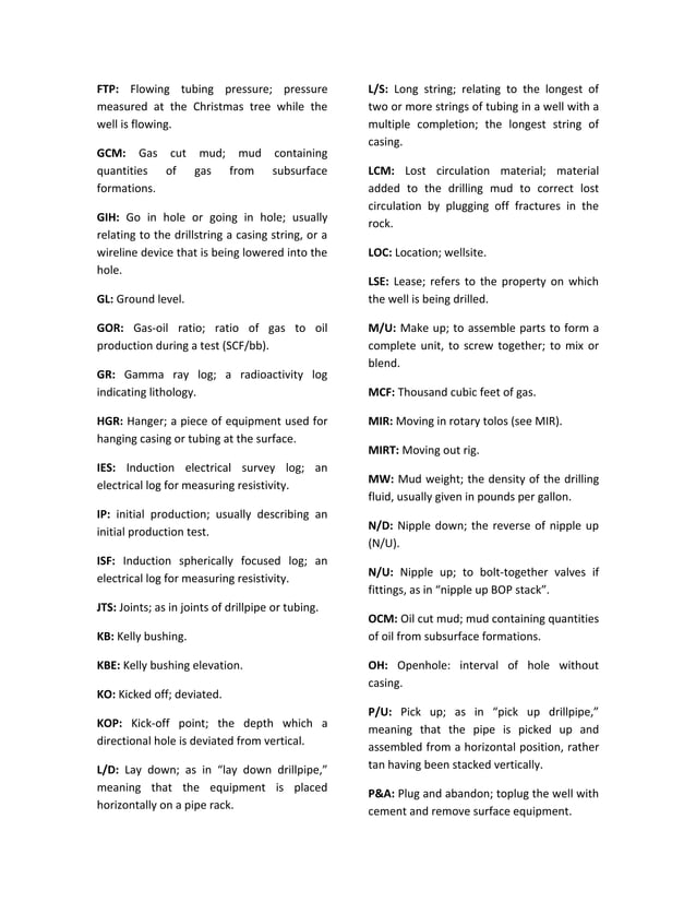 Glossary of drilling report abbreviations | DOC
