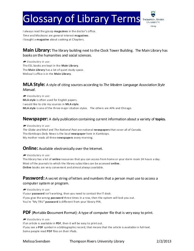 Glossary of Library Terms for ESAL Students