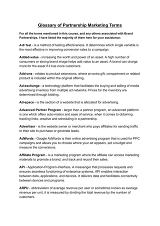 Glossary of Partnership Marketing Terms - Word Doc | PDF